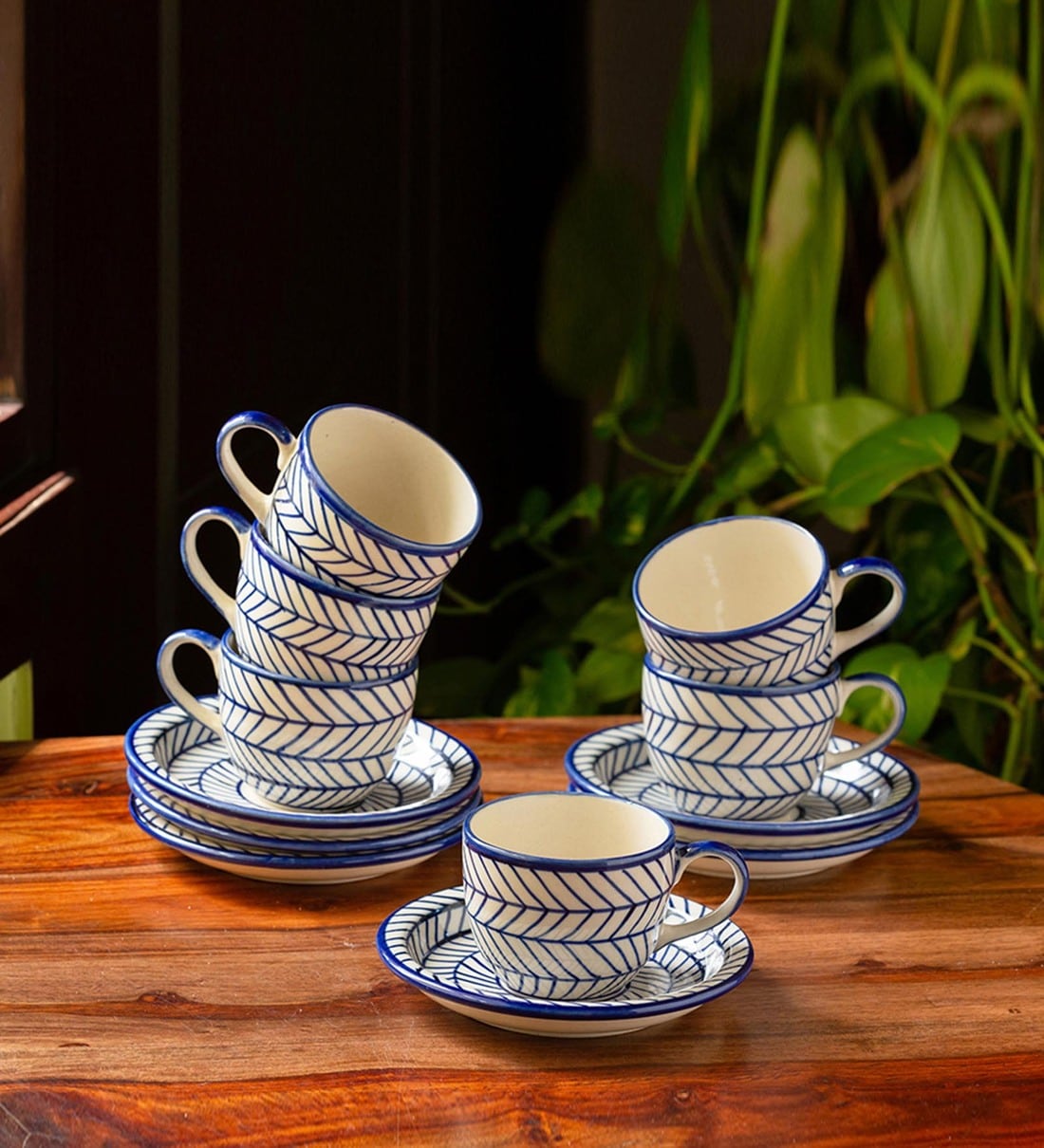 Buy Indigo Chevron 160ml Blue & White (Set of 12) Ceramic Tea Cup ...