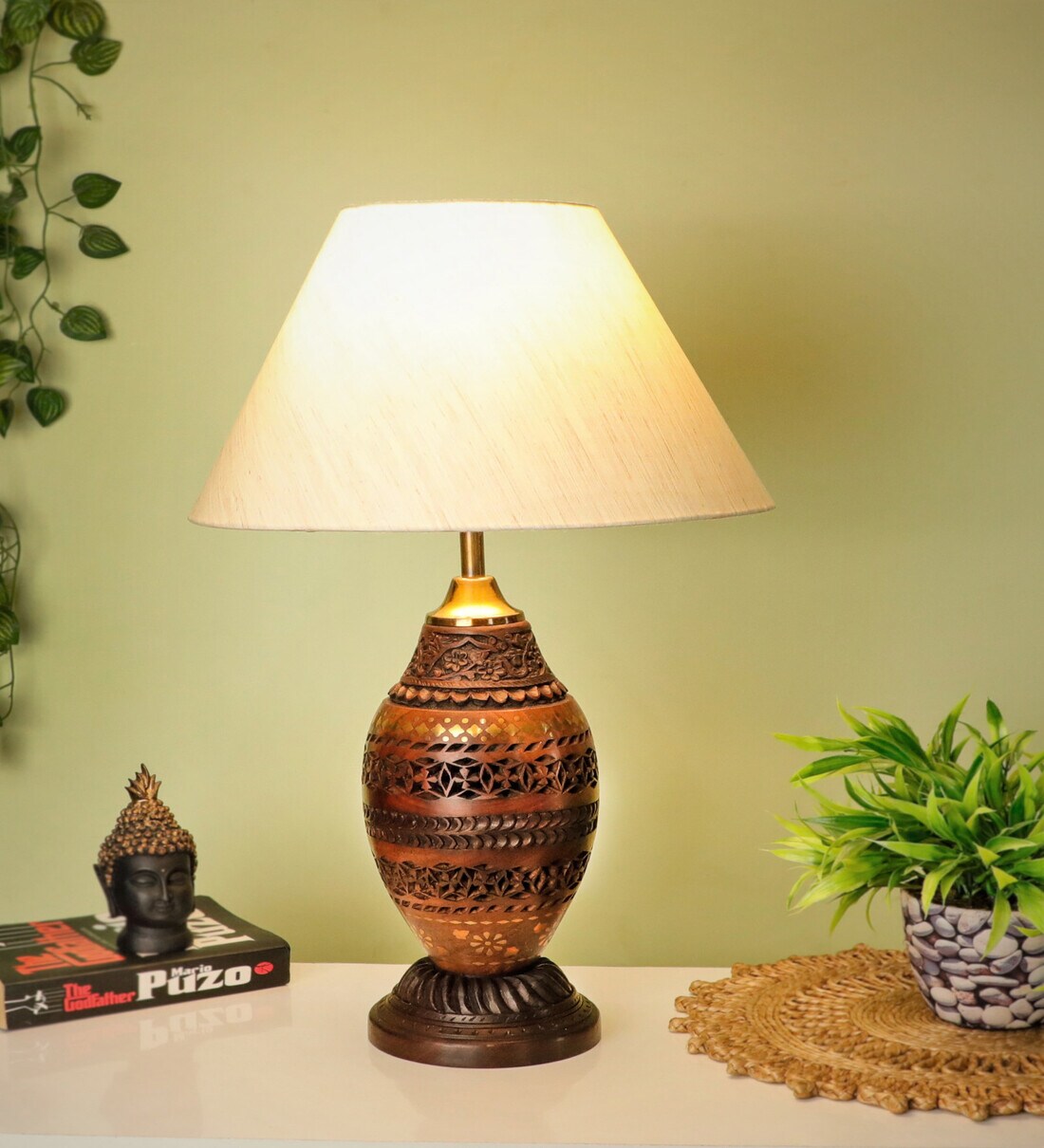 Buy Beige Shade With Brown Wooden Kashmiri Carving Handmade Table Lamp ...