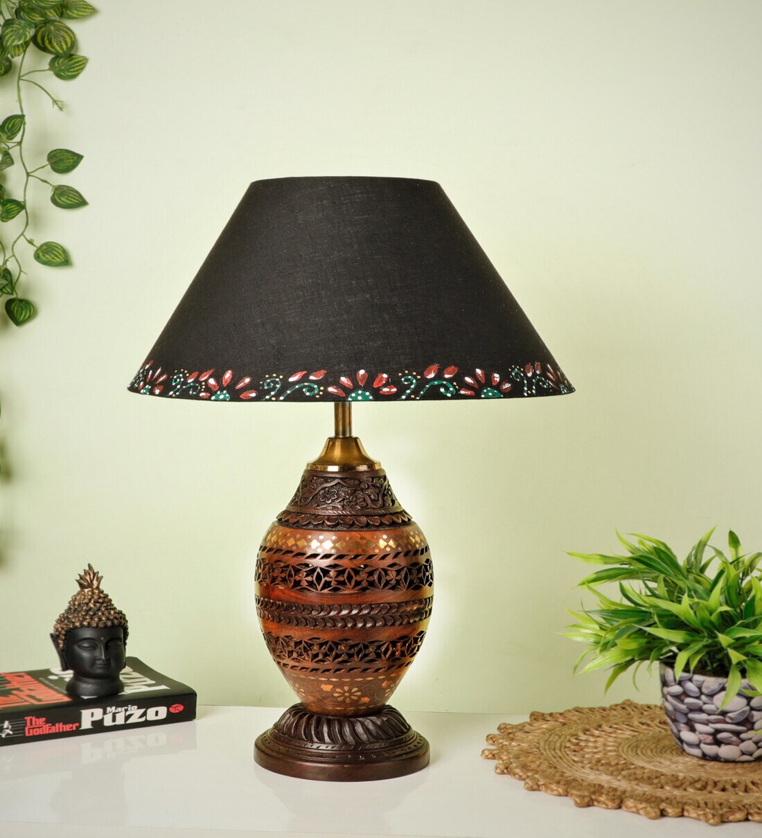 Buy Intricate Kashmiri Matka Brown Wood Table Lamp without Shade by ...