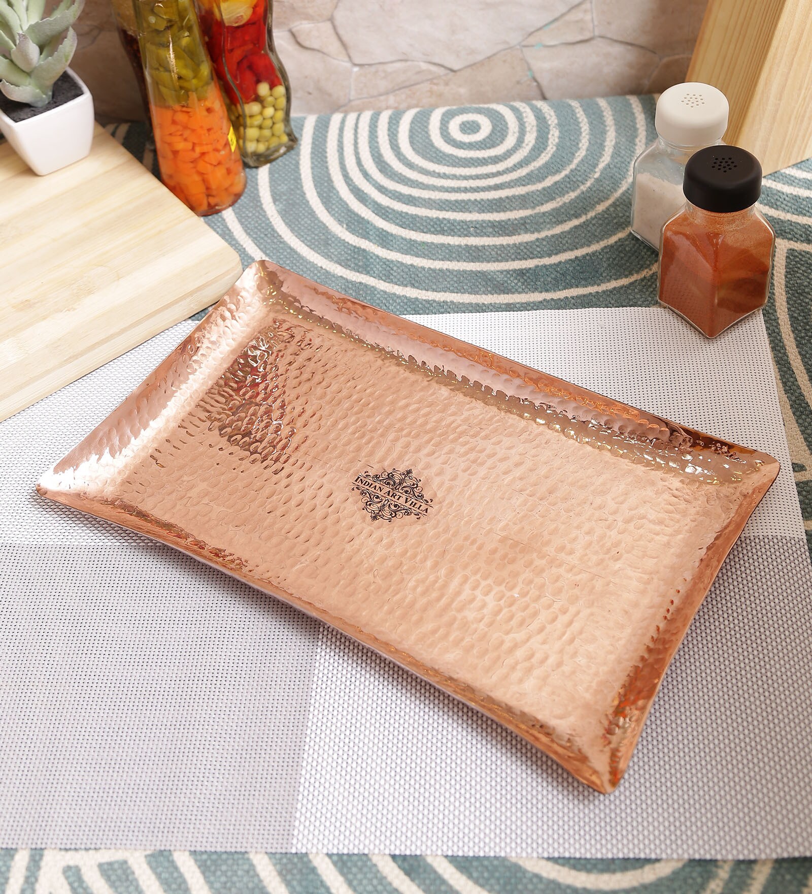 Buy Copper Rectangle Serving Tray by Indian Art Villa Online - Serving ...