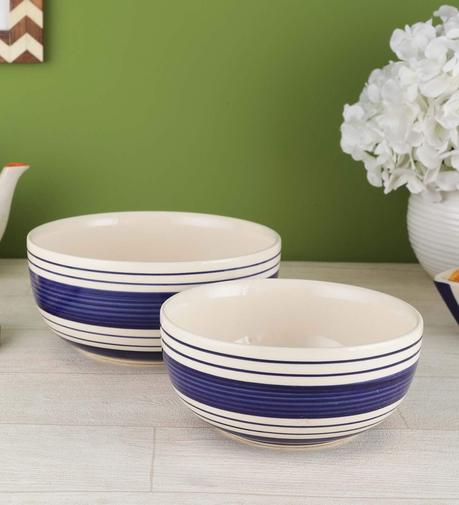 Buy Indigo Blue Stripes (Set of 2) Ceramic Serving Bowl by VarEesha at ...
