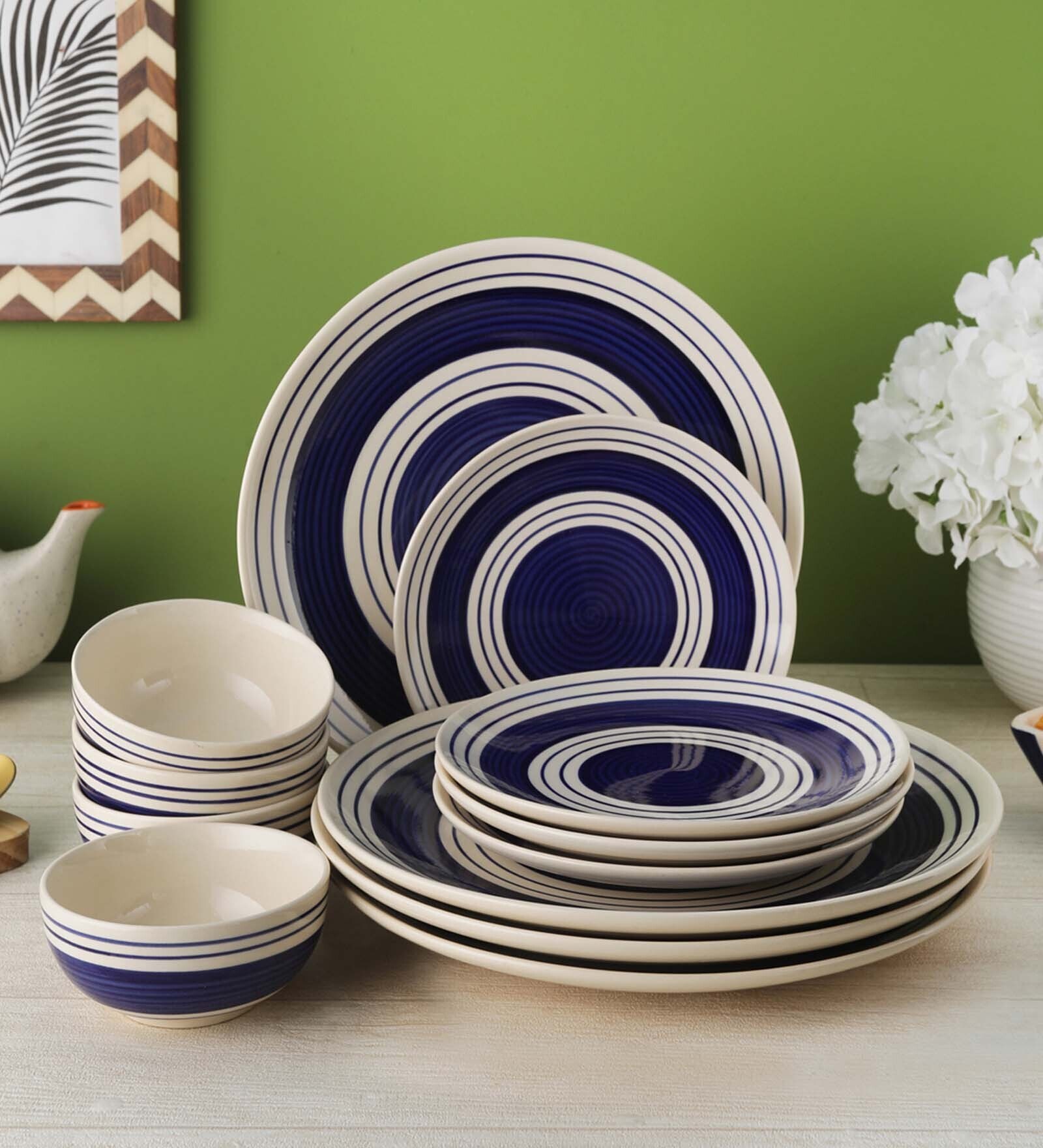 Buy Indigo Blue Stripes 150ml (Set of 12) Dinner Bowl- 150ml Ceramic Dinner Set by VarEesha at ...