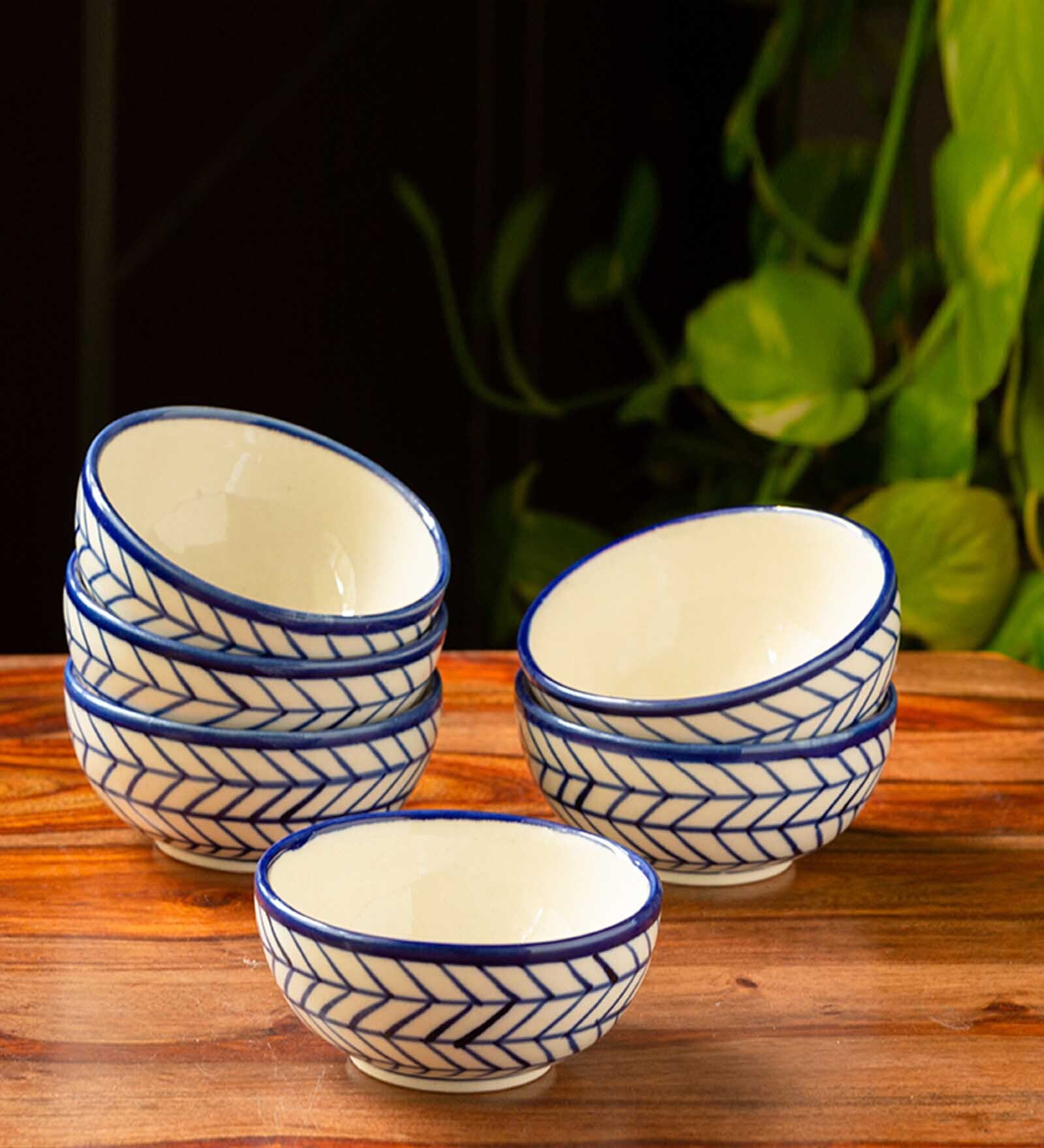 Buy Indigo Chevrons 220ml (Set of 6) Blue & White Colour Ceramic Dinner Bowl by ExclusiveLane at ...