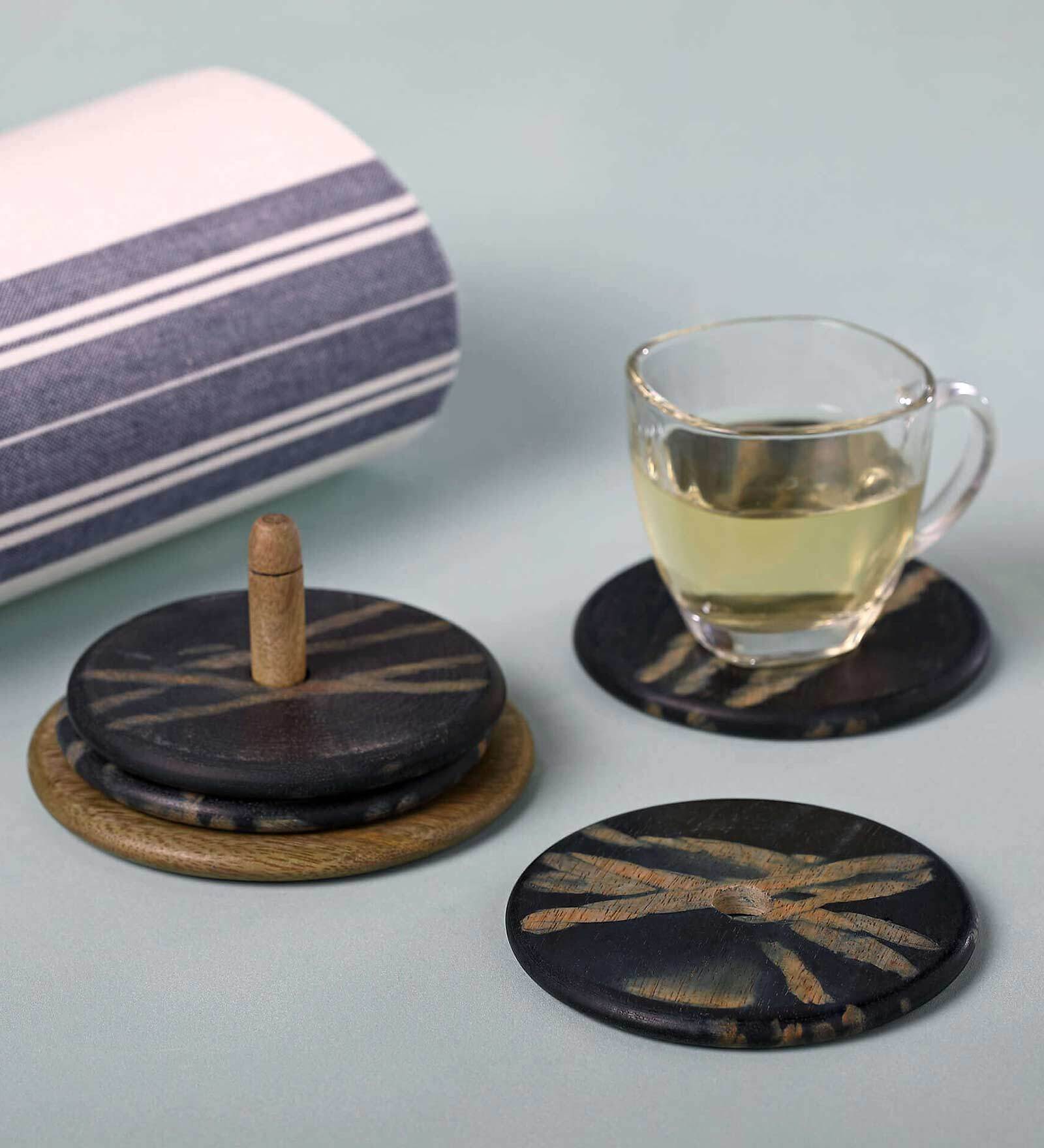 Buy Indigo (Set of 4) Mango Wood Coaster with Stand by Ellementry ...