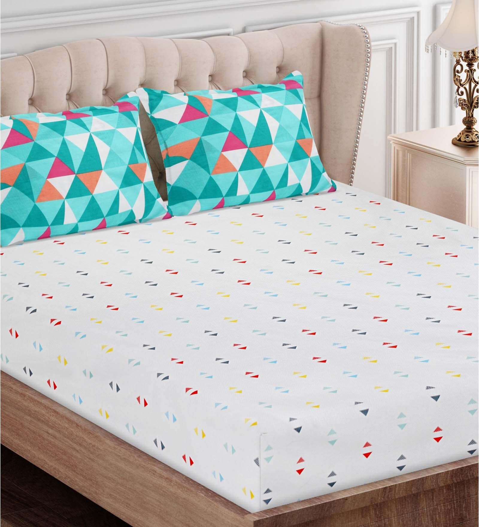 Buy Grey Geometric 160 Tc Cotton King Sized Bed Sheets With 2 Pillow