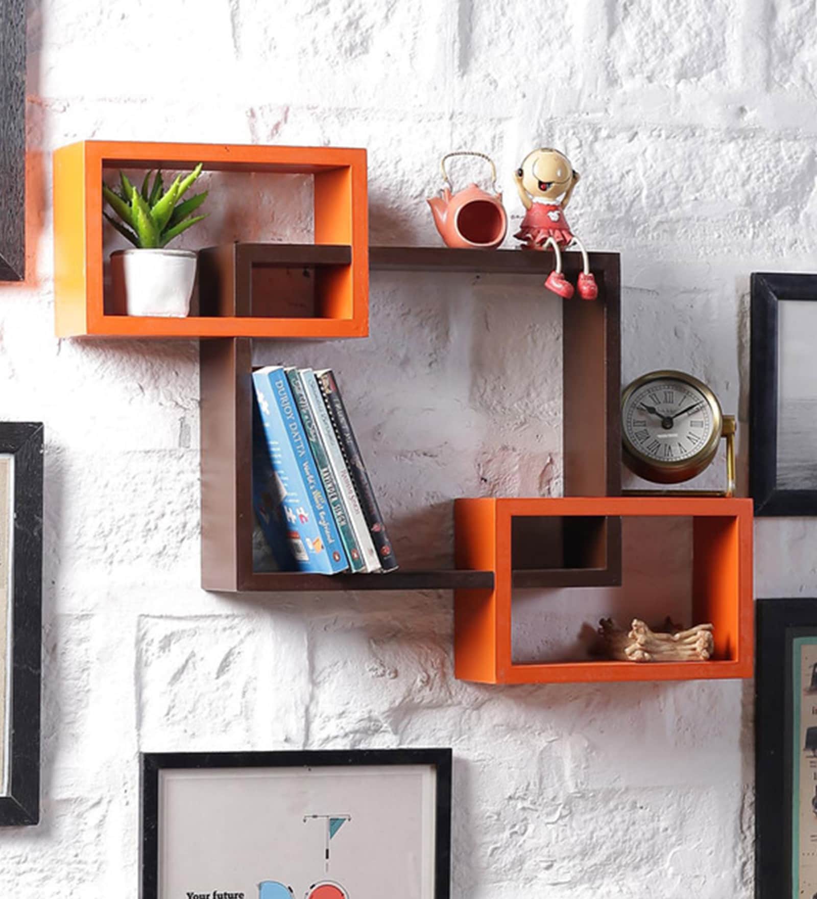 Buy Set Of 3 Engineered Wood Intersecting Book Shelf In Orange & Brown ...
