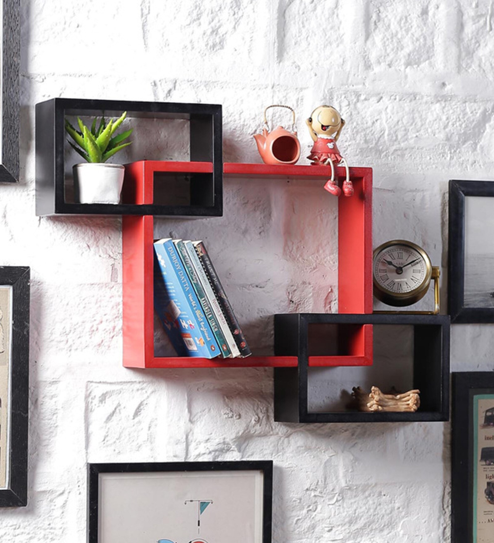 Buy Set Of 3 Engineered Wood Intersecting Wall Shelf In Black & Red ...