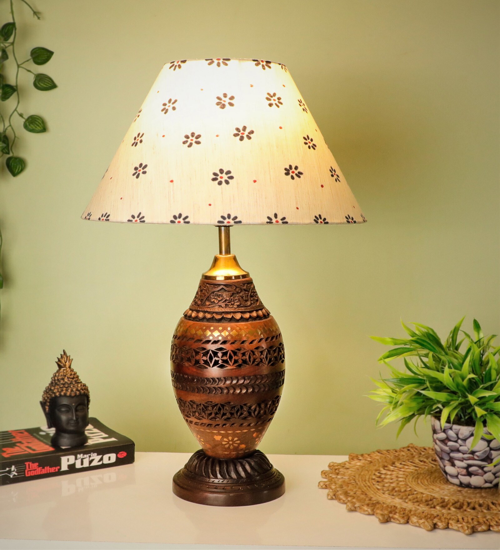 Buy Beige Handpainted Shade With Brown Wooden Kashmiri Carving Handmade ...