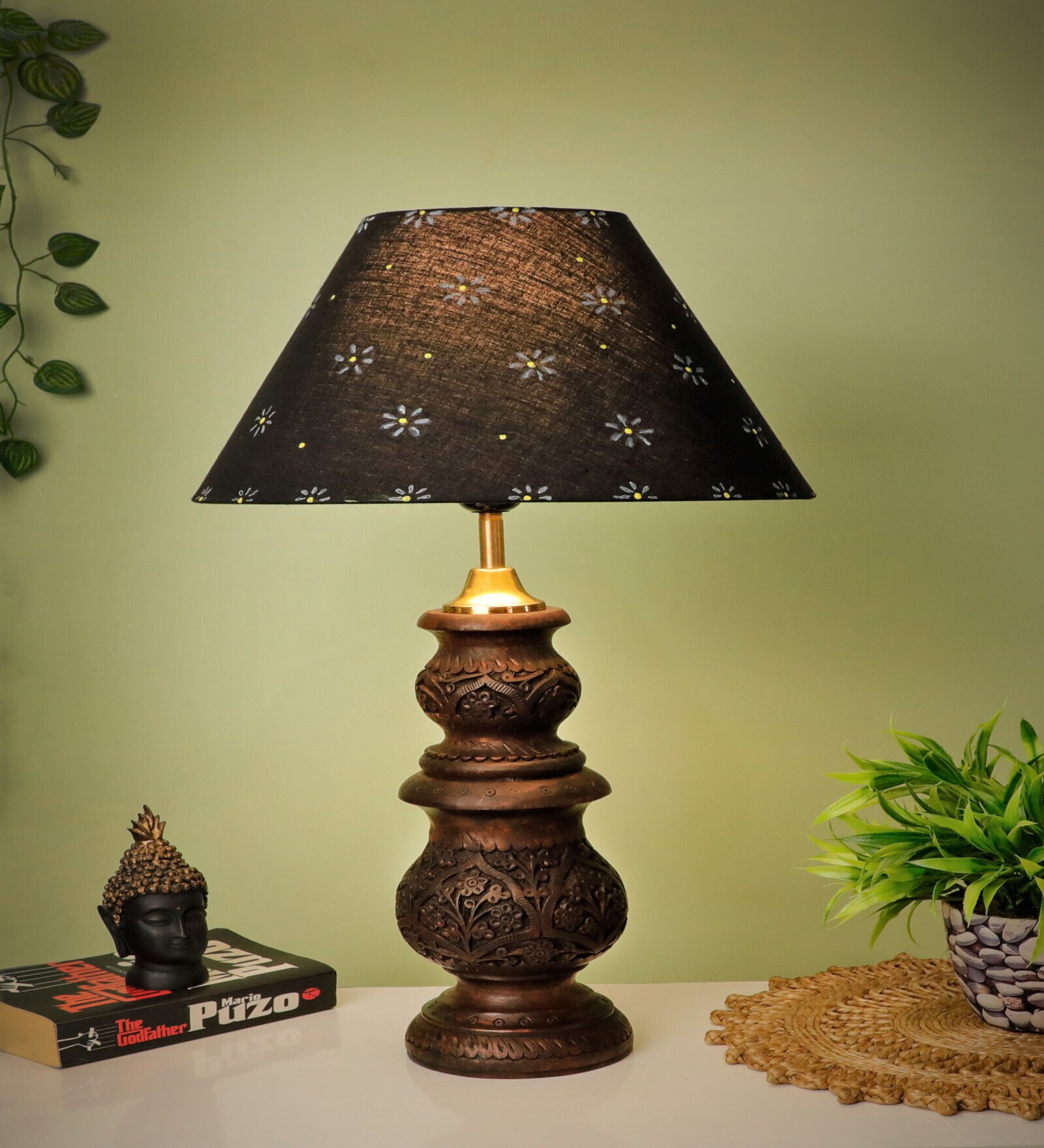 Buy Black Handpainted Shade With Brown Wooden Kashmiri Carving Handmade ...