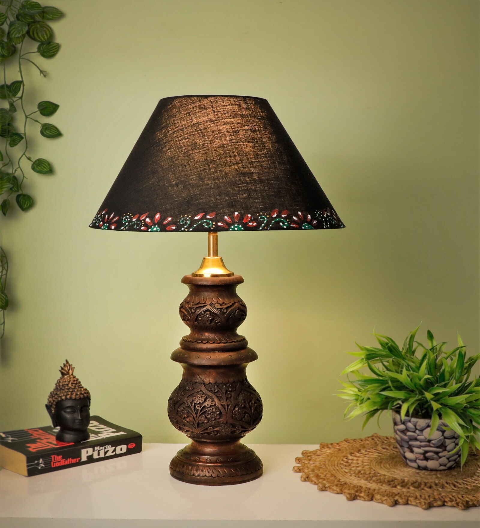 Buy Black Handpainted Shade With Brown Wooden Kashmiri Carving Handmade ...