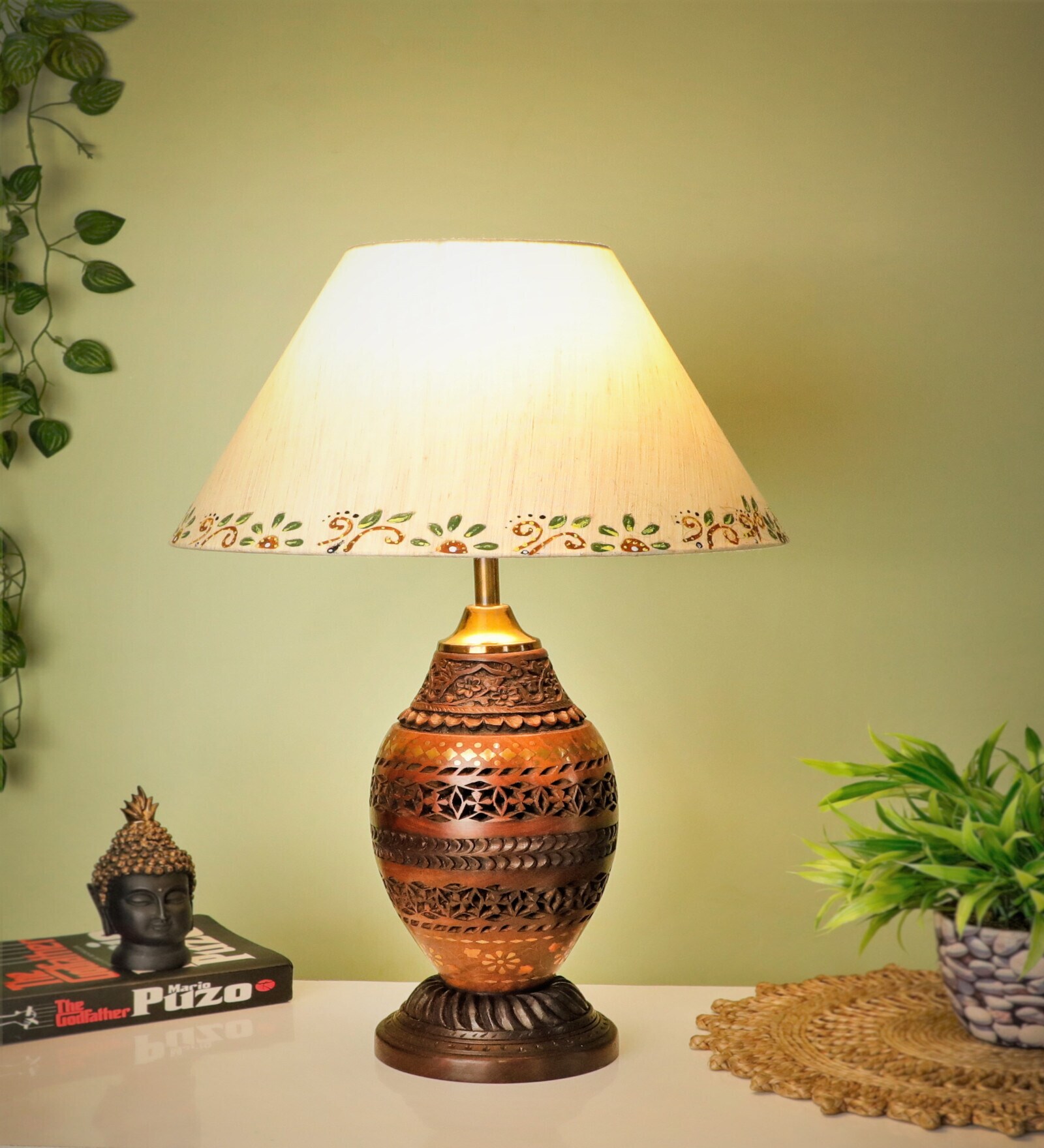 Buy Brown Wooden Kashmiri Nakkashi Carving Handmade Table Lamp Base at ...