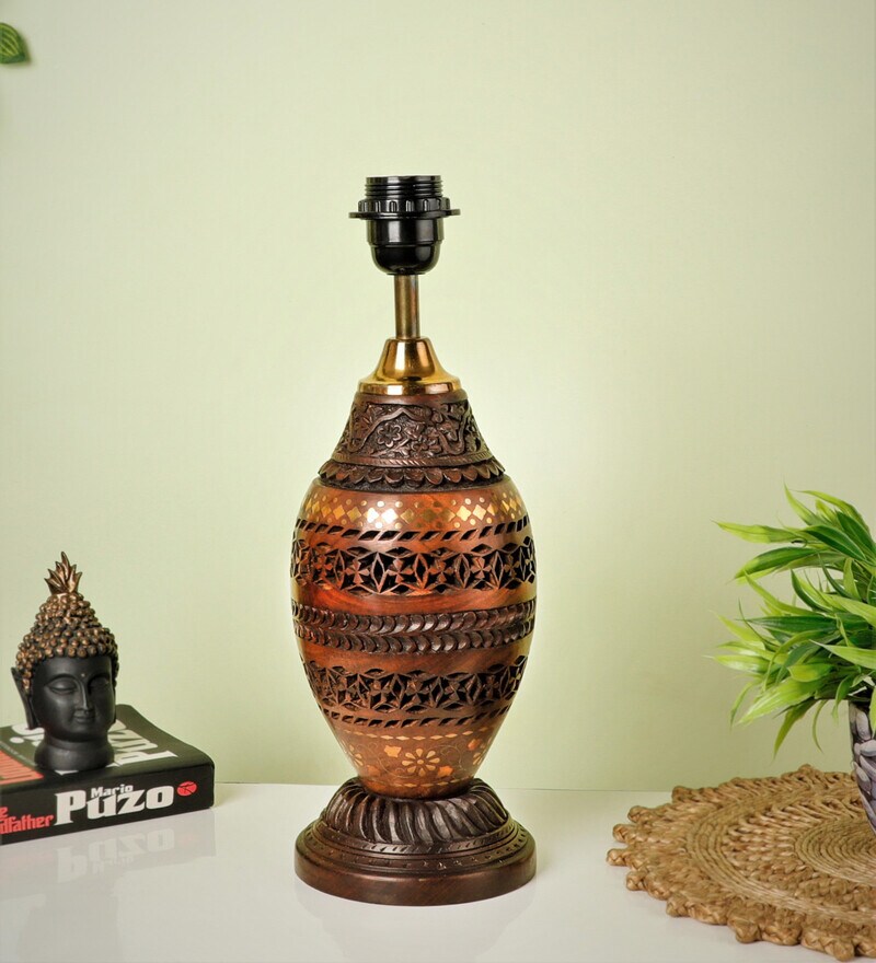 Buy Intricate Kashmiri Matka Brown Wood Table Lamp without Shade by ...
