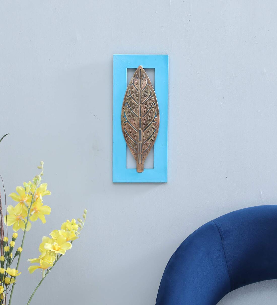 Buy Iron and MDF Wood Framed Leaf Wall Art In Gold & Blue By Handi ...