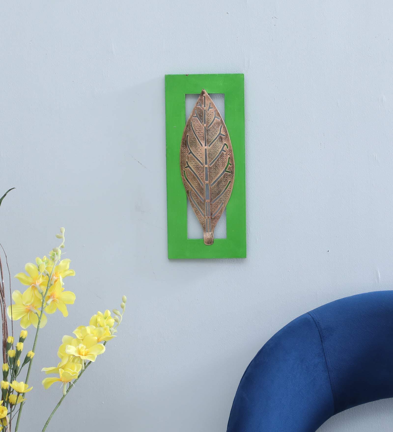 Buy Iron And Mdf Wood Framed Leaf Wall Art In Gold & Green at 36% OFF ...