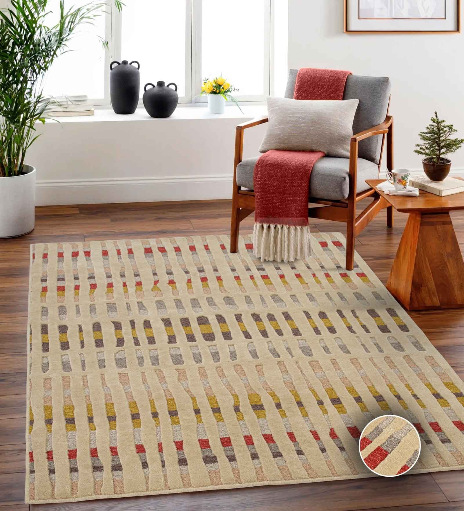 Buy Ivory Stripped Wool Blend 5' X 7' Hand Tufted Carpet at 9% OFF by ...