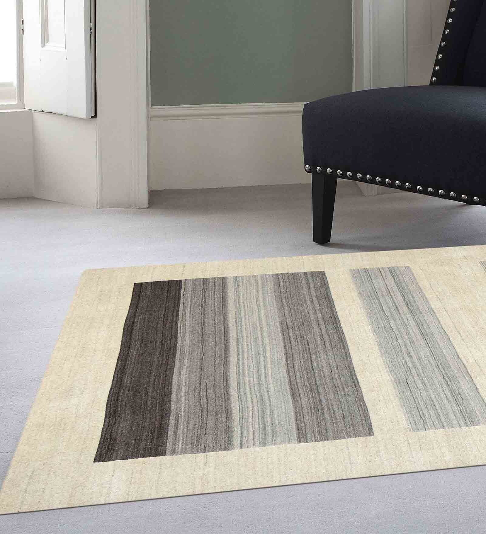 Buy Ivory Striped Wool And Viscose 5 ft x 8 ft Hand Woven Carpet by ...