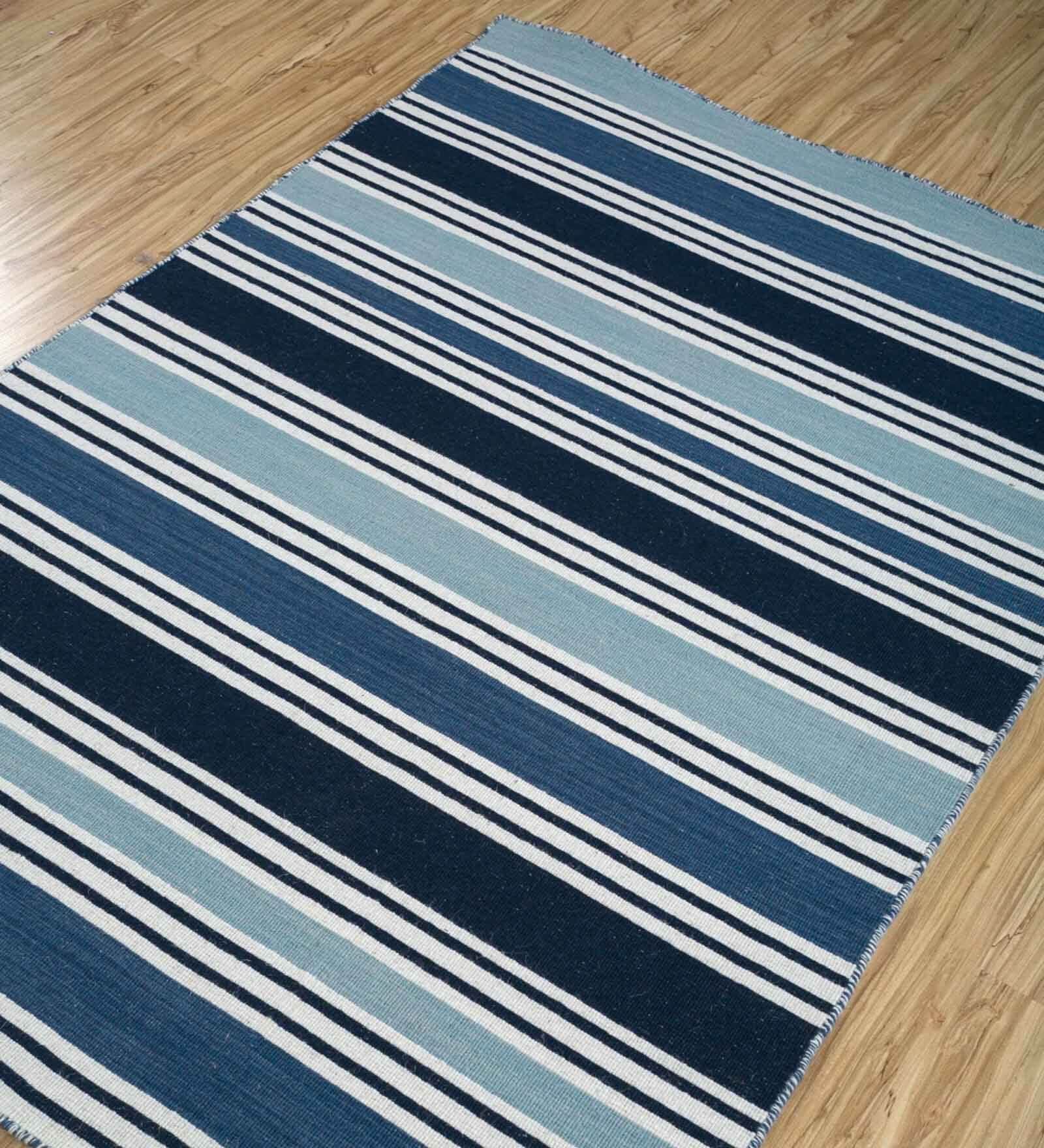 Buy Off White Striped Wool 8 ft x 10 ft Flat Weave Carpet by Jaipur ...