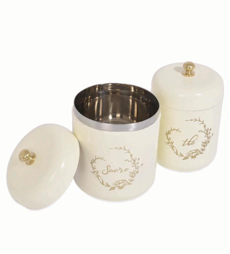 Buy Ivory Finish Steel Storage Canisters Set of 2 By Living With Elan ...