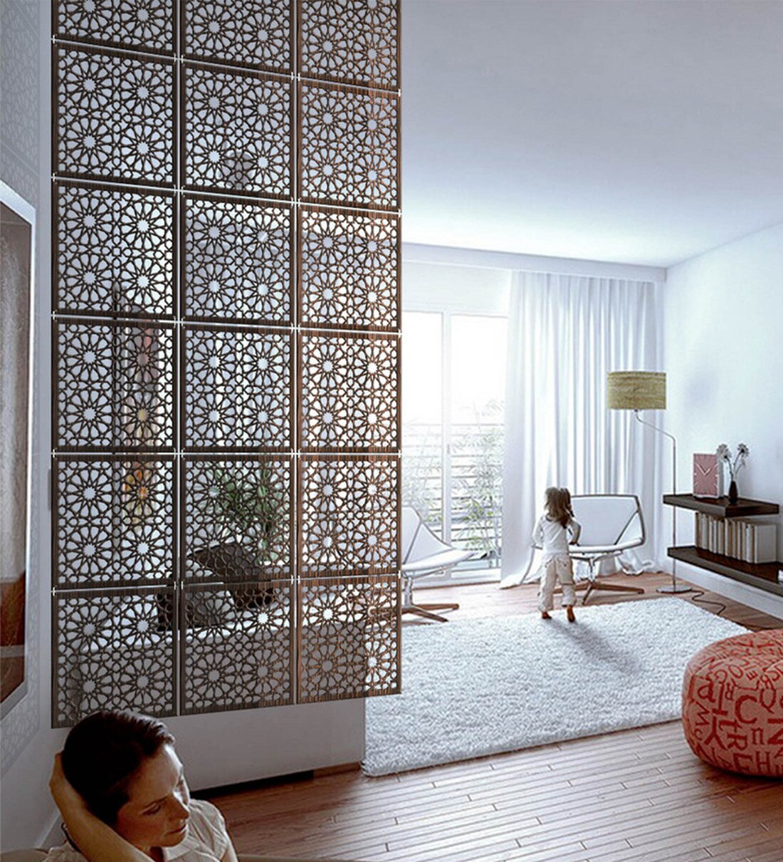 Buy Acrylic Wooden Texture (Set Of 10) Hanging Room Divider In Brown ...