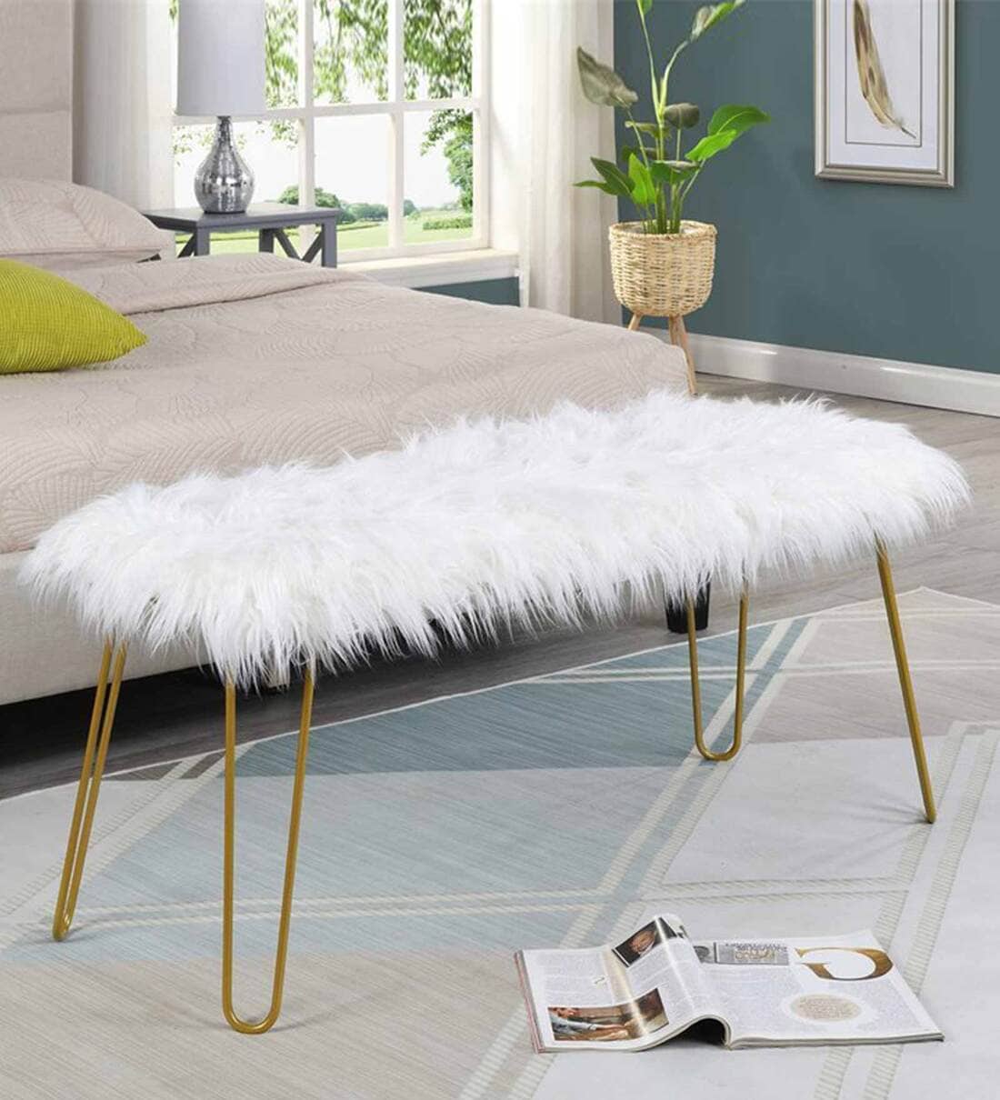Buy Jasiper Fur Upholstered Bench in White & Gold Finish by AVA Designz ...