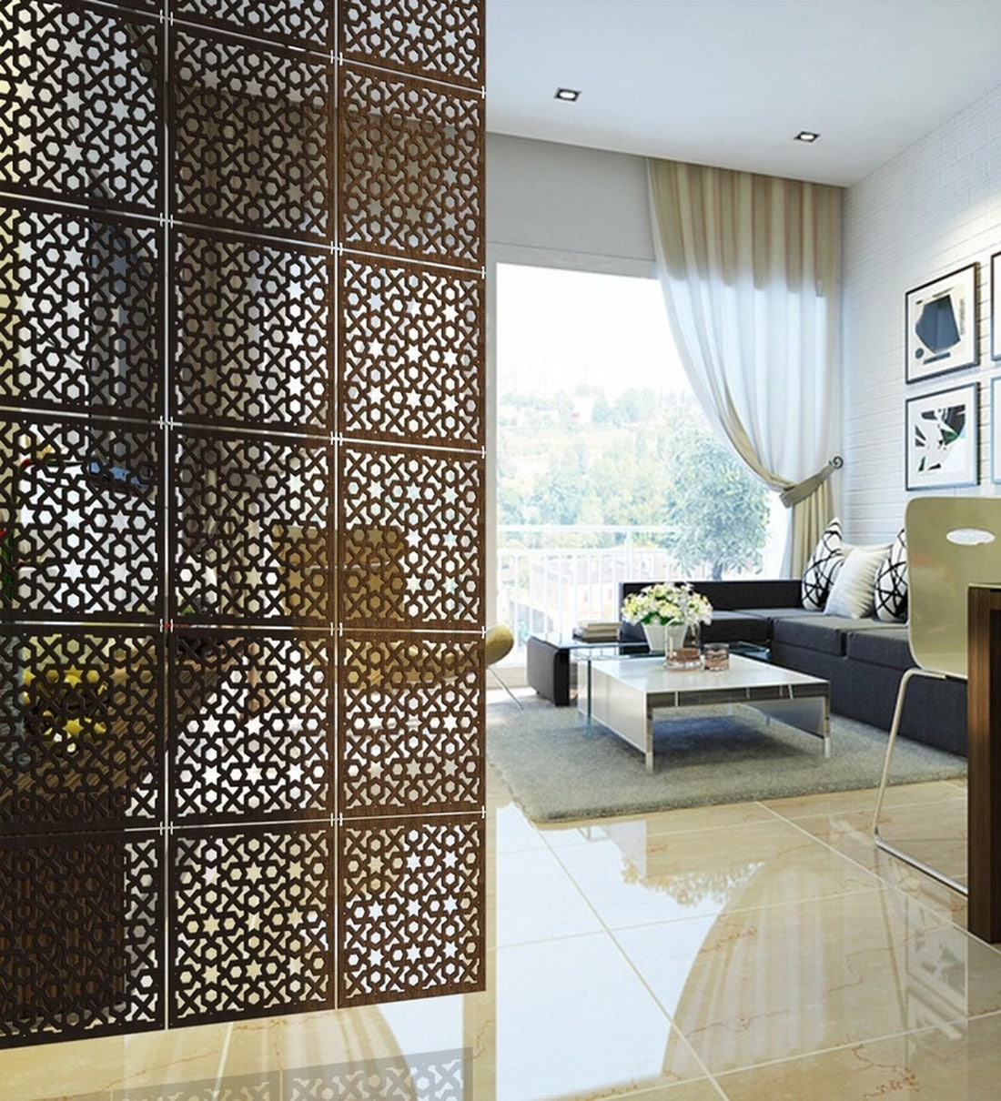 Buy Acrylic Wooden Texture Crisanto Hanging Room Divider In Brown ...