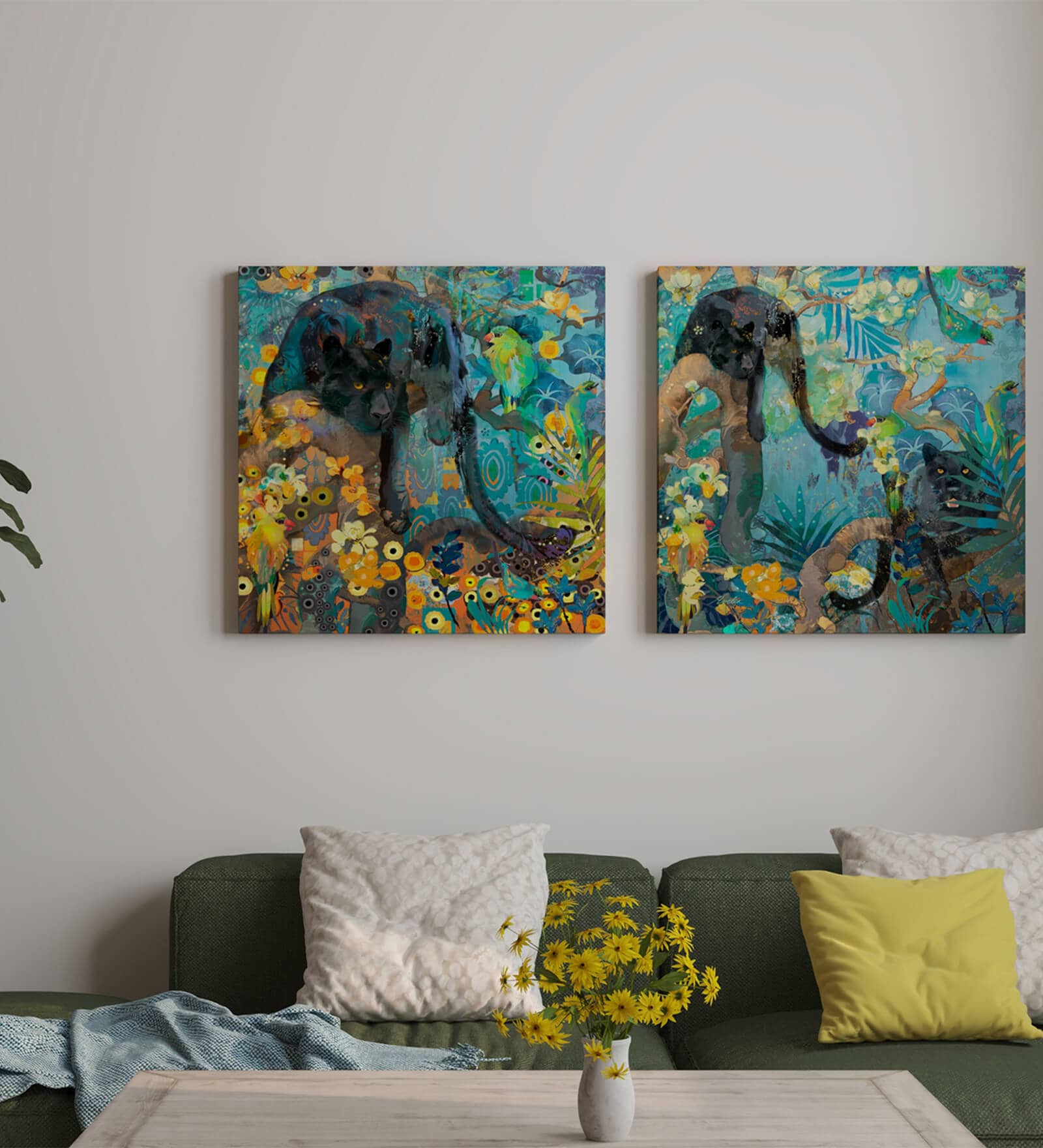 Buy Jaguar and Green Parrots Canvas painting Wall Art Painting Posters ...