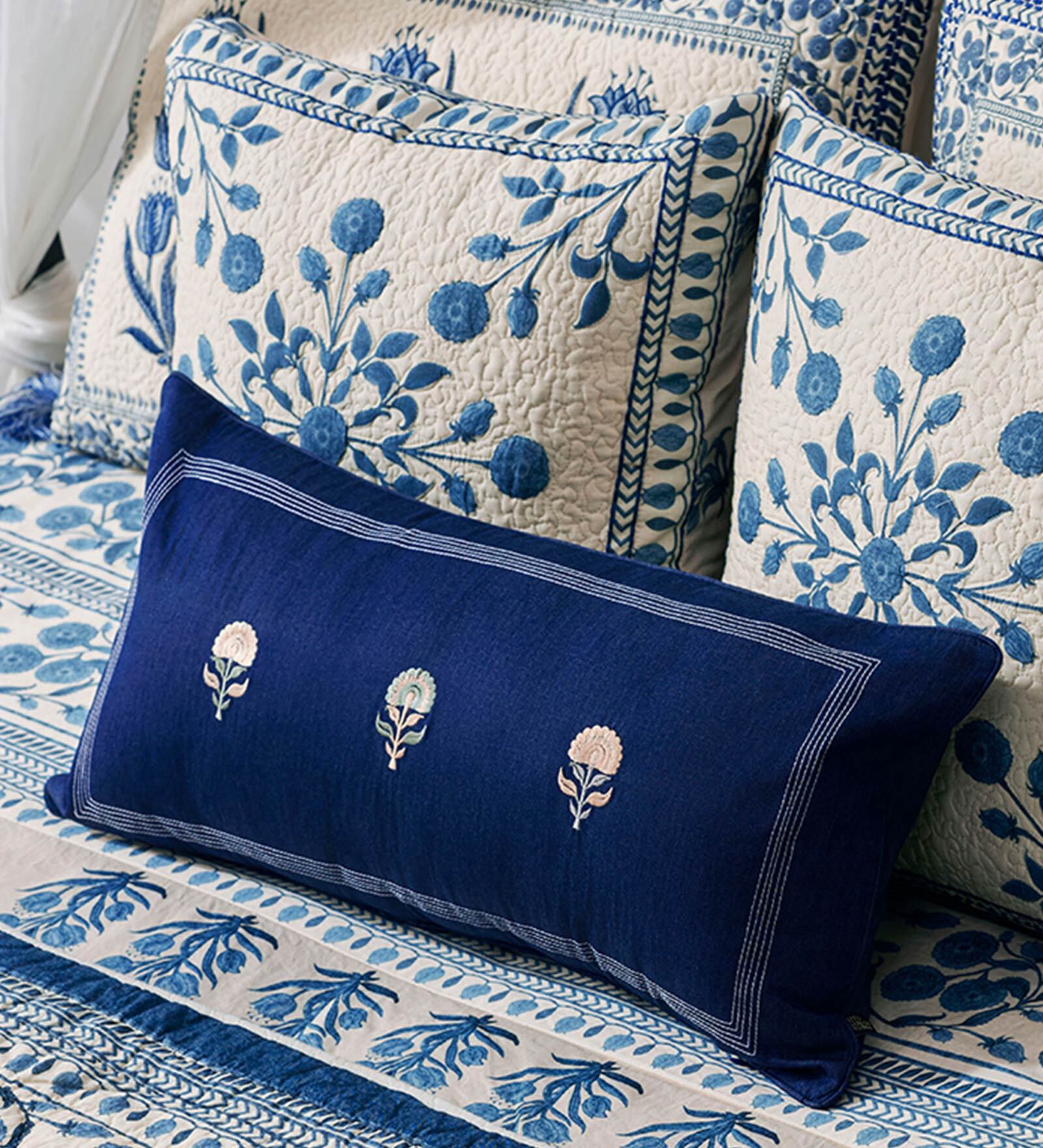 Buy Blue Textured Denim 12 x 24 Inches Cushion Cover with Filler by ...