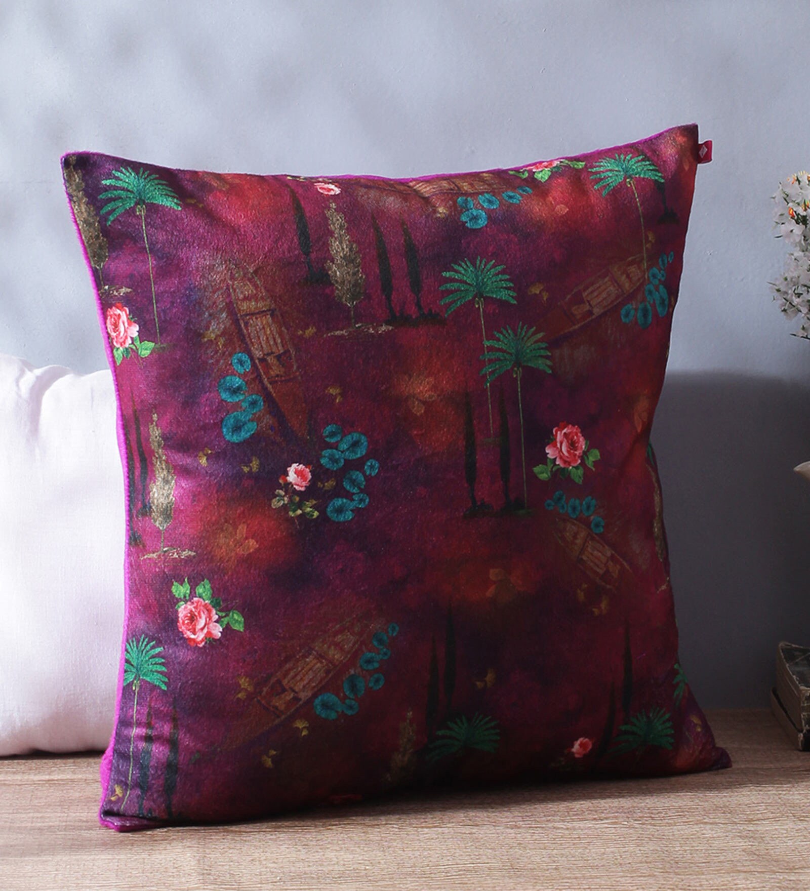 Buy Jam Lake Velvet Floral Pattern 12x12 Inch Cushion Cover by India ...
