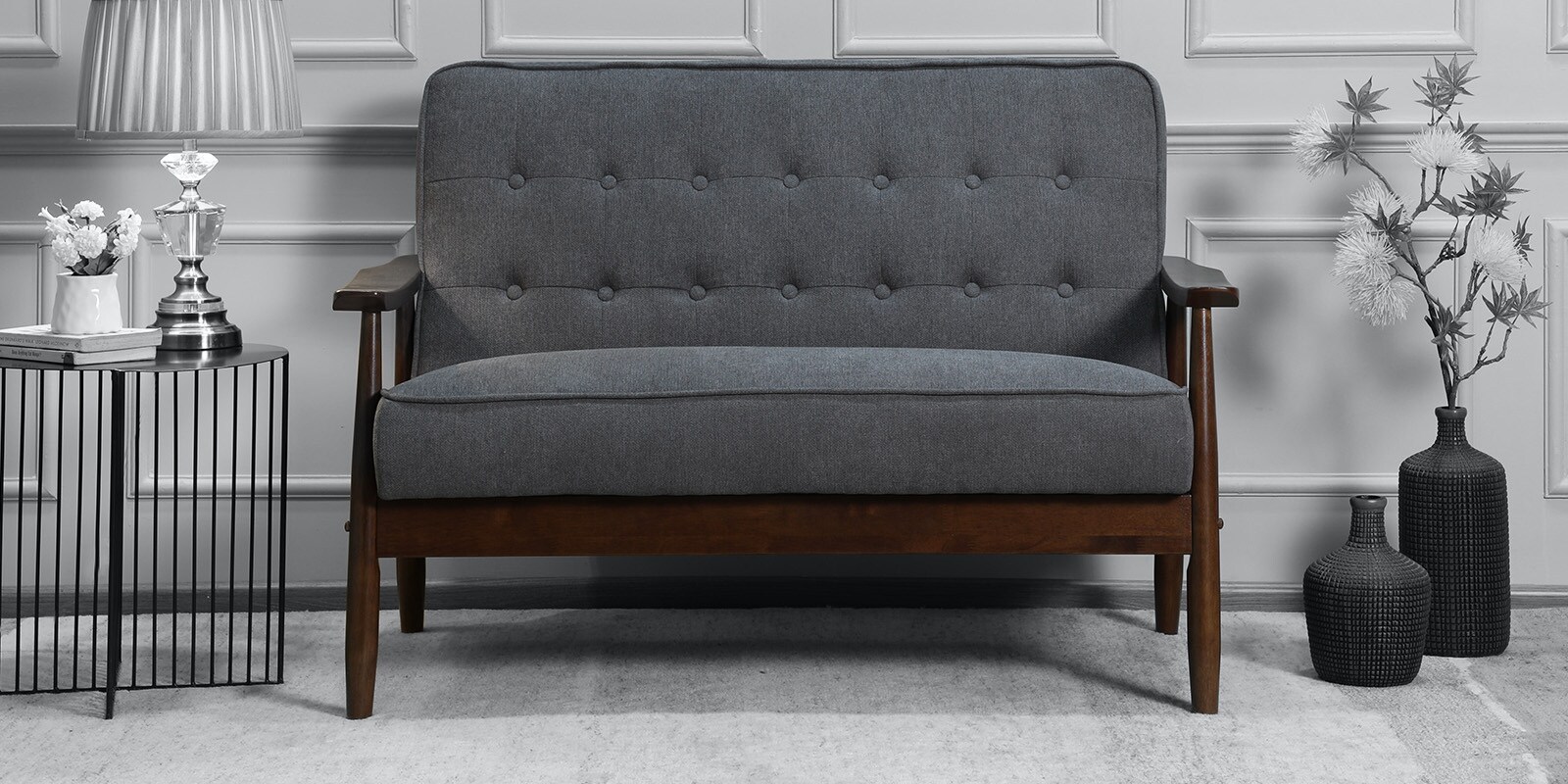 Buy Jazmin Solid Wood 2 Seater Sofa In Dark Grey & Brown Oak Finish at ...