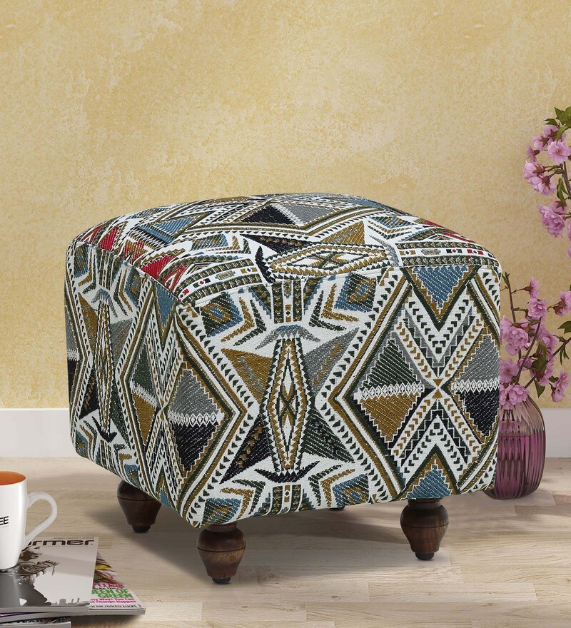 Buy Jean Fabric Seating Stool In Provincial Teak Finish By Bohemiana ...