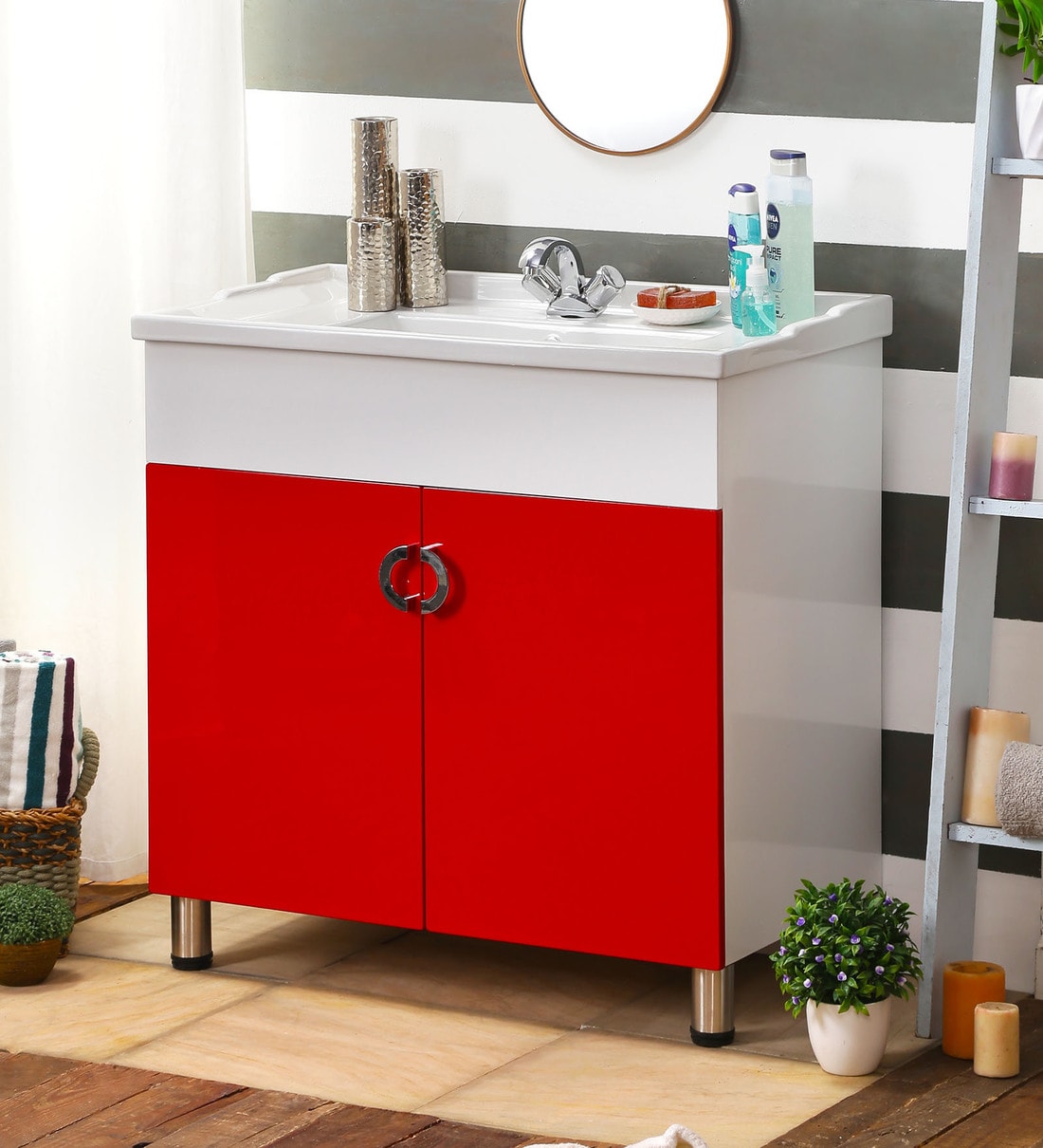 Buy PVC Floor Rested Bathroom Vanity In Red by JJ Sanitaryware Online ...