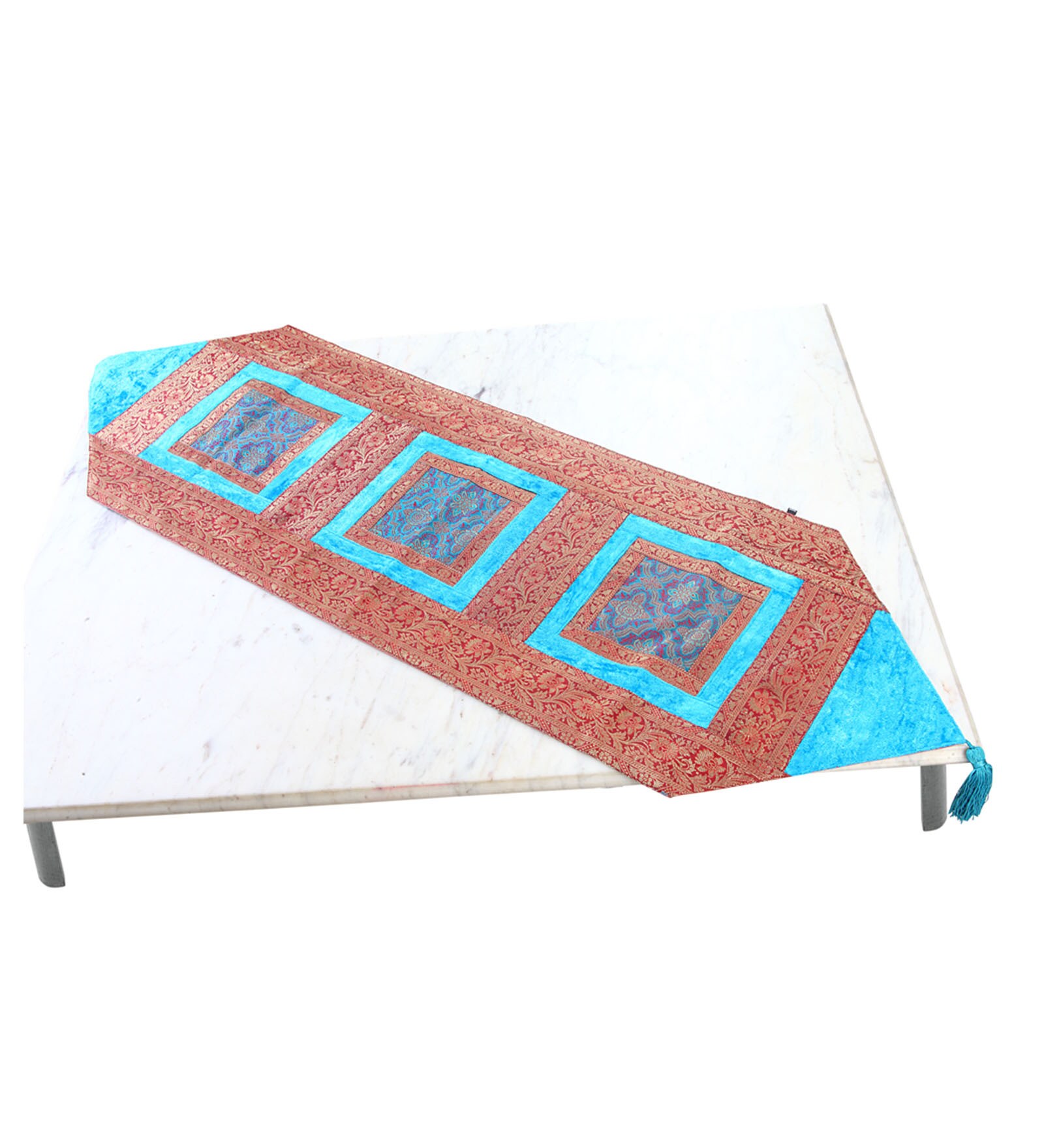 Buy Jodhaa Turquoise Velvet & Brocade Table Runner Online - Table Runners - Table Linen ...