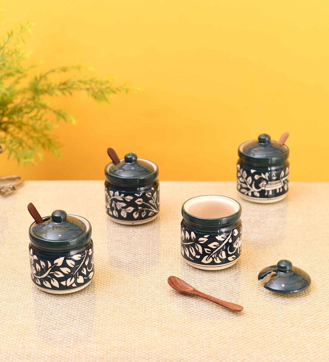 Buy Jungle Elephants Pickle Green Ceramic 4 Pcs Barni With Spoon at 17% ...