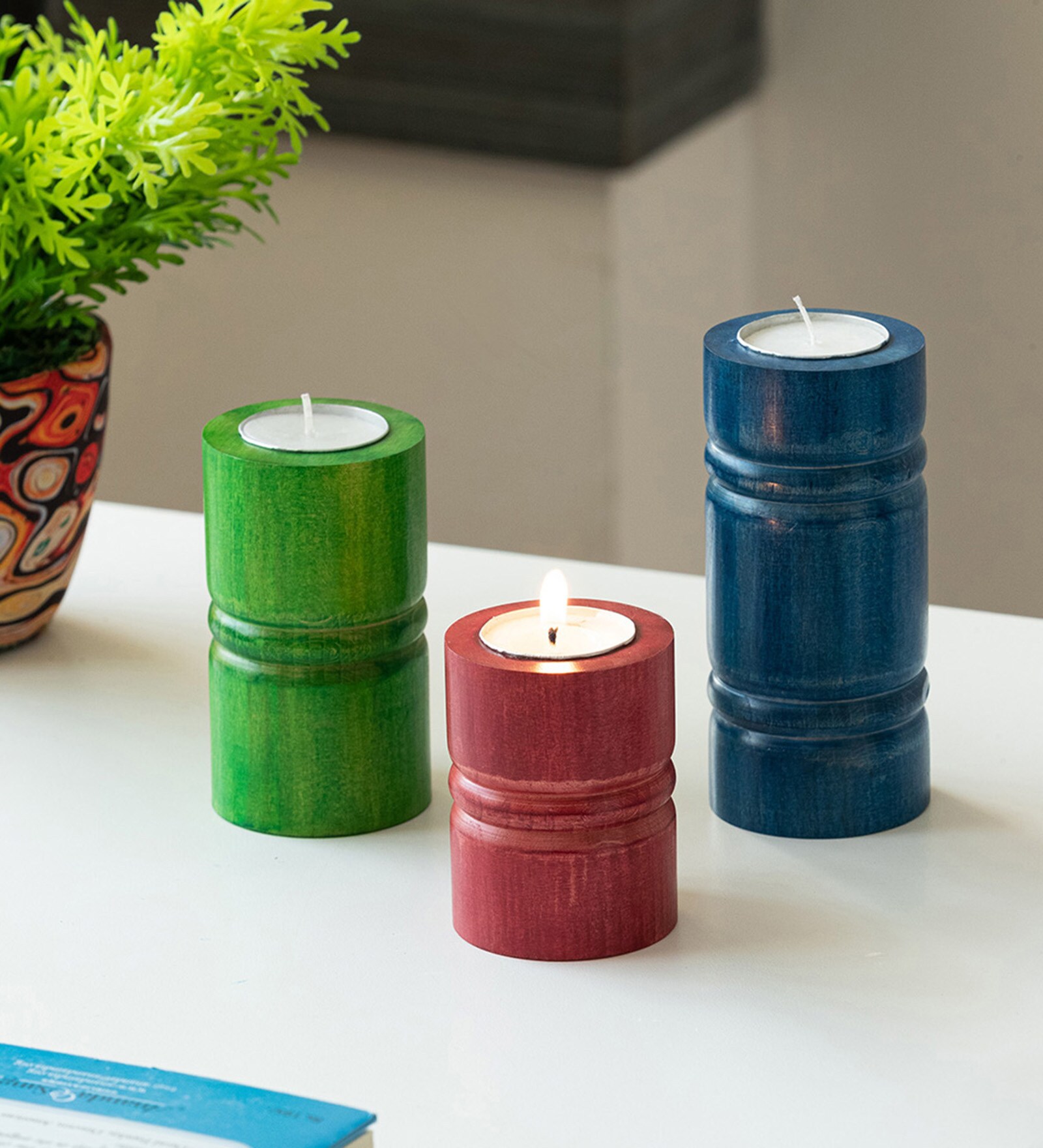 Buy Jugnu Stambh Green & Blue Beech Wood (Set of 3) Table Tea Light ...