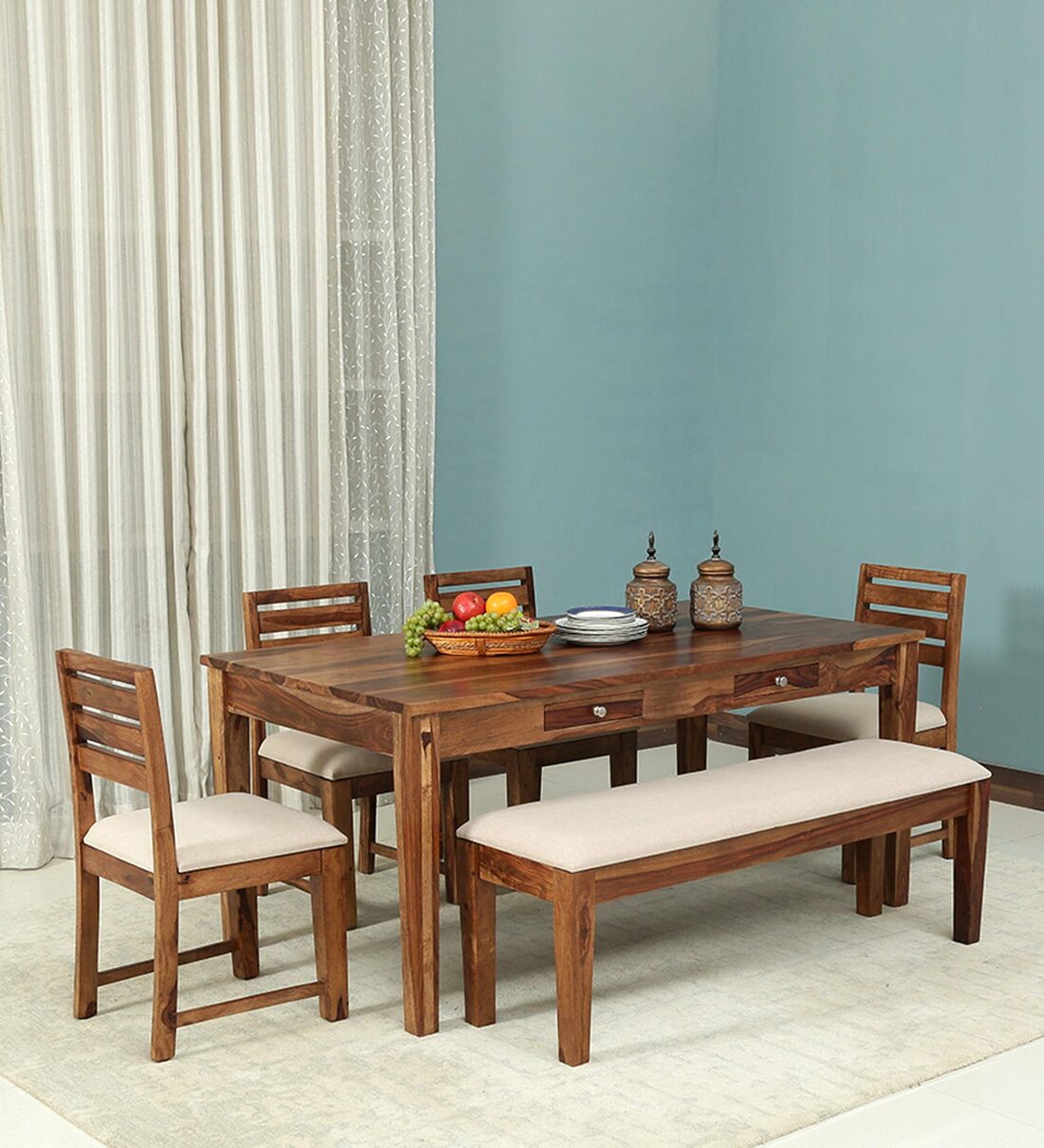 Buy Kentan Sheesham Wood 6 Seater Dining Set In Rustic Teak With Bench ...