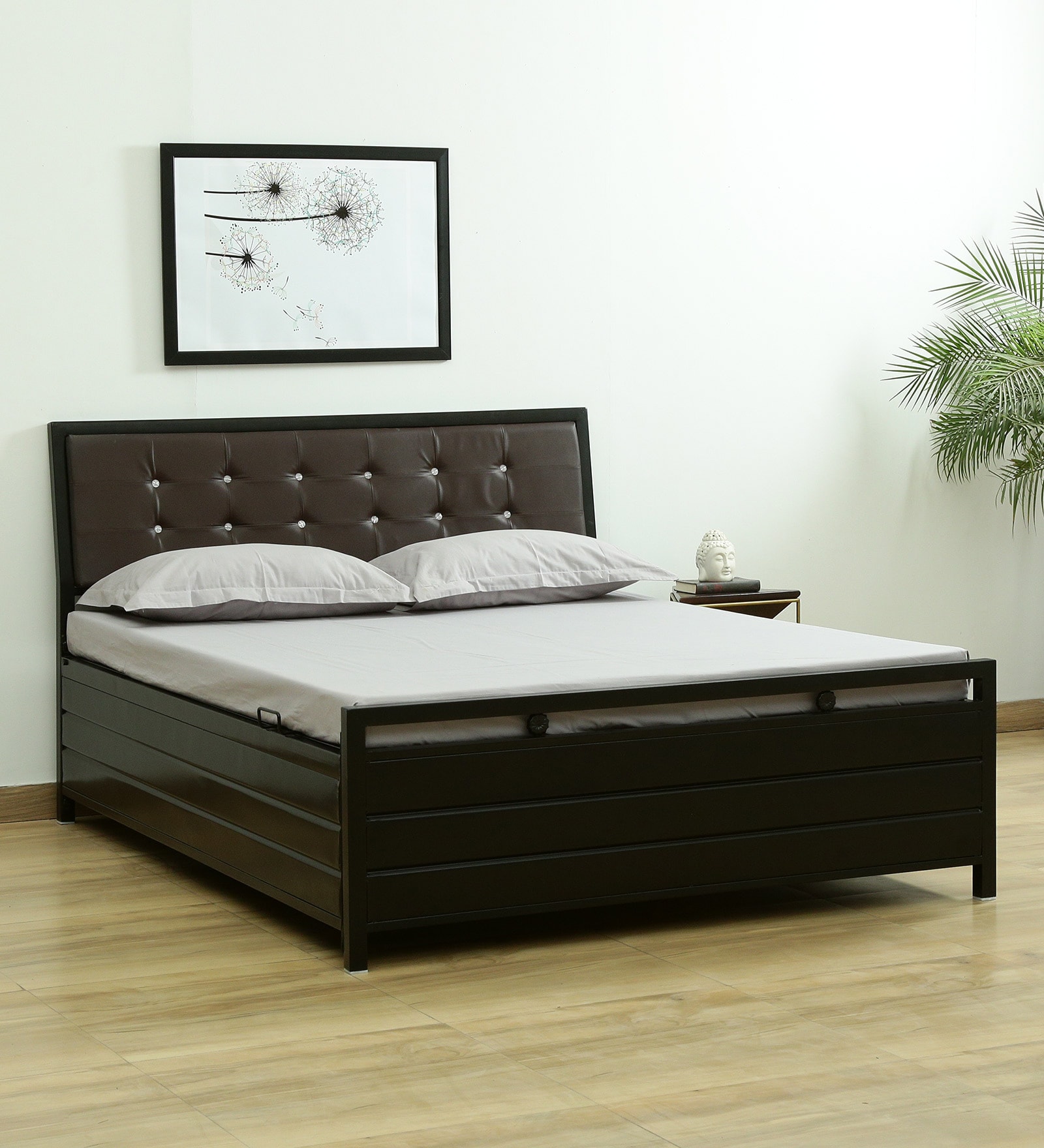 Buy Keoni Metal Queen Size Bed With Hydraulic Storage In Black & Brown ...