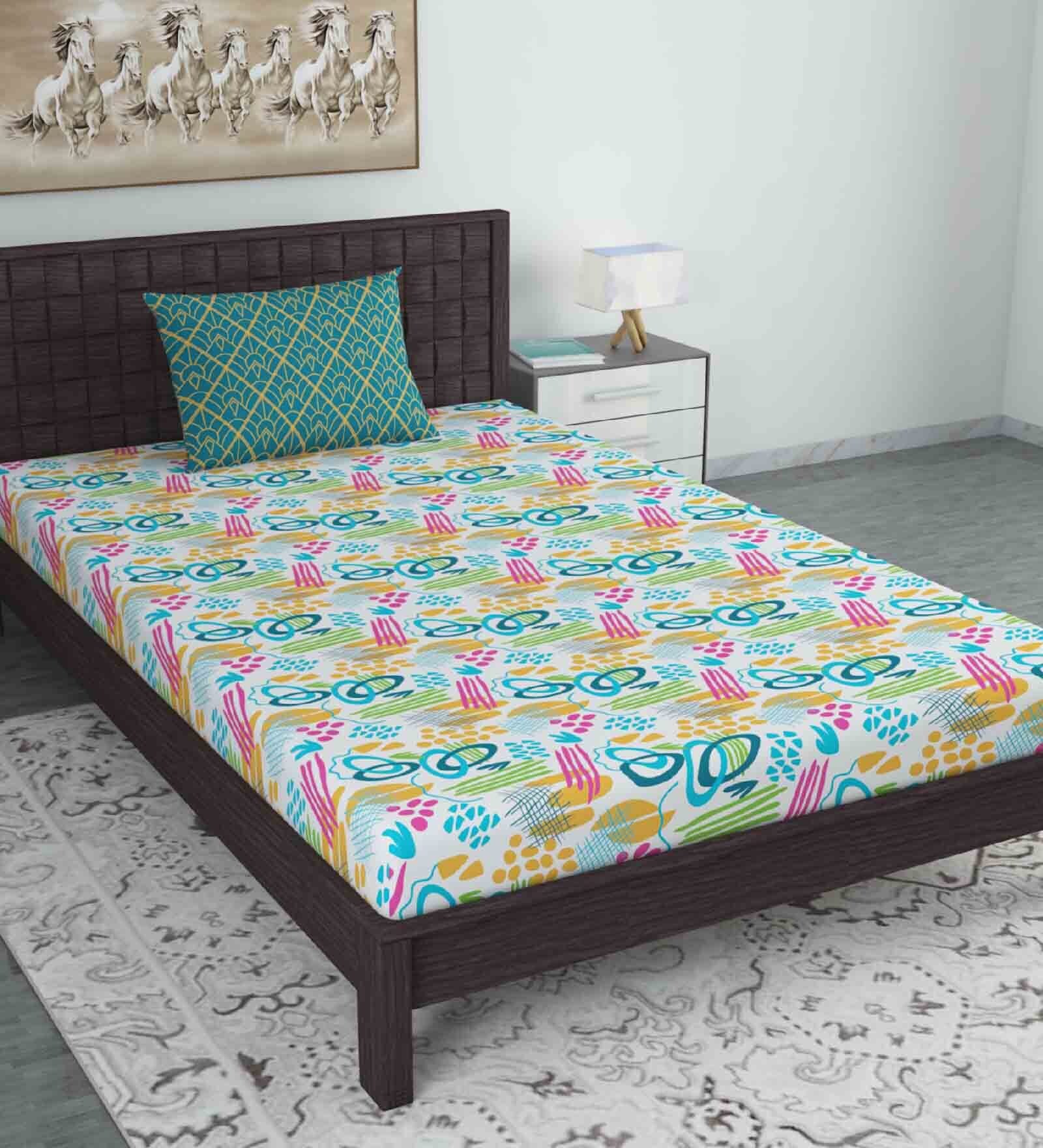 Buy Multicolor Abstract 144 TC Cotton Single Bed Sized Bed Sheets With ...