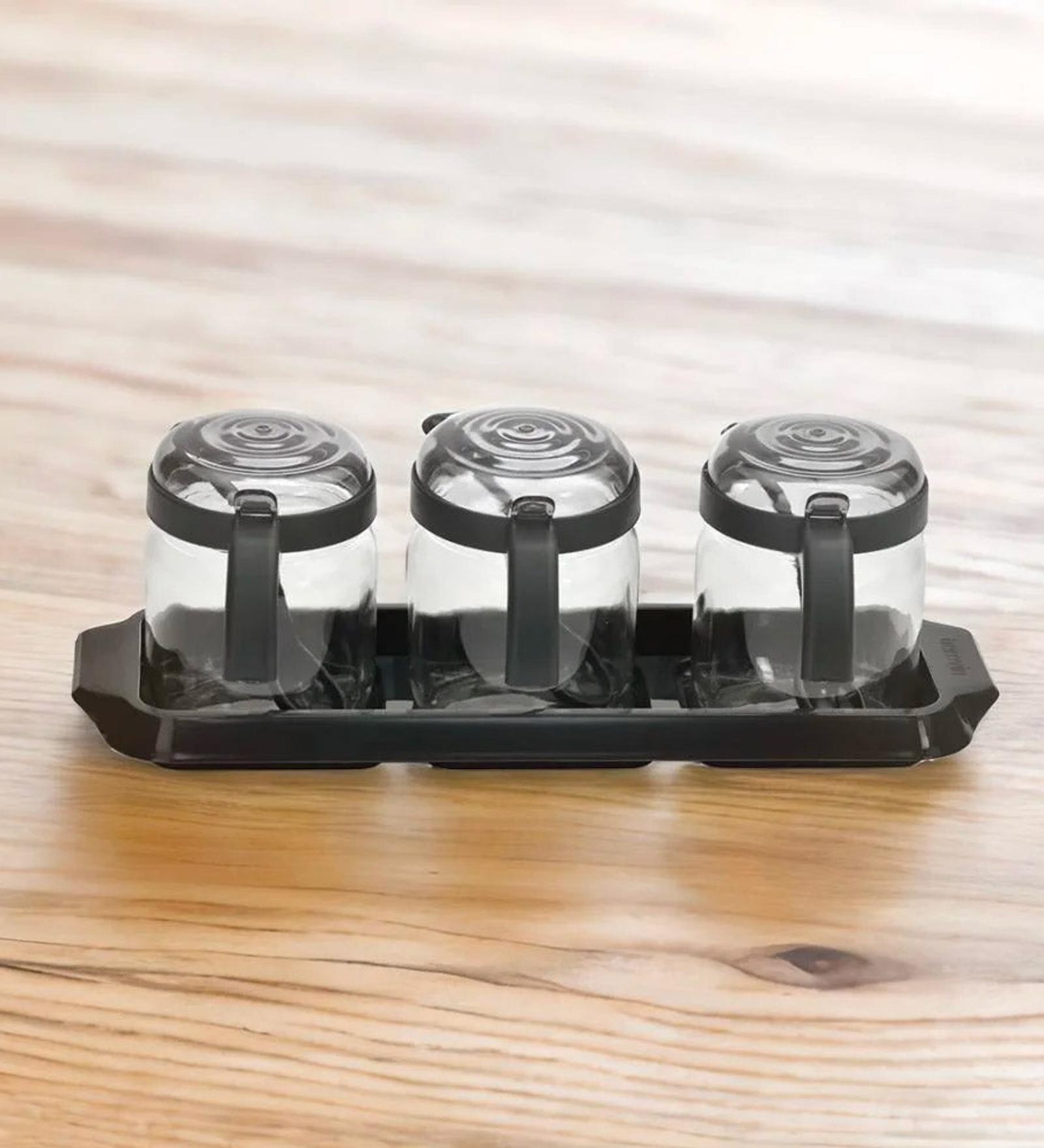 Buy Grey 425ml 3 Pcs Condiment Jars With Spoons & Tray at 50% OFF by ...