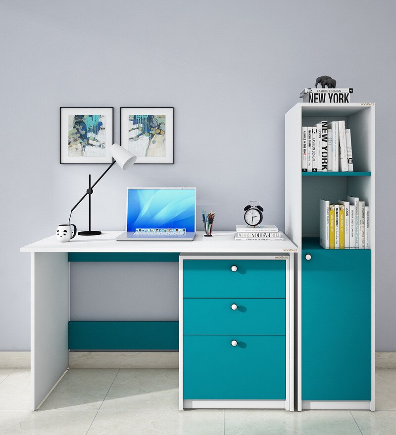 Buy Kipling Hutch Desk in Frosty White And Ocean Green Finish by ...