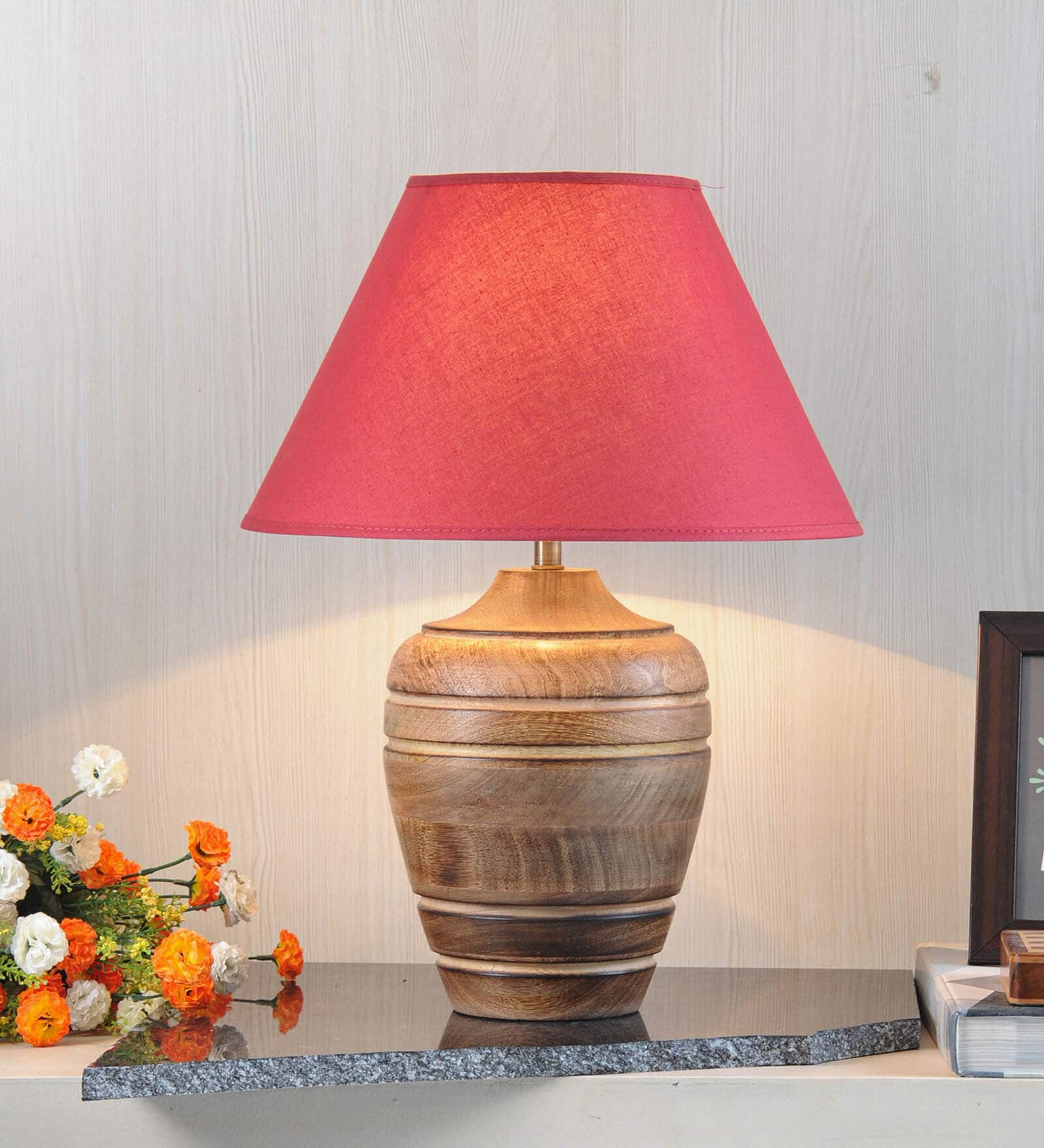 Buy Knepp Maroon Cotton Shade Table Lamp with Natural Carved Wood Base ...