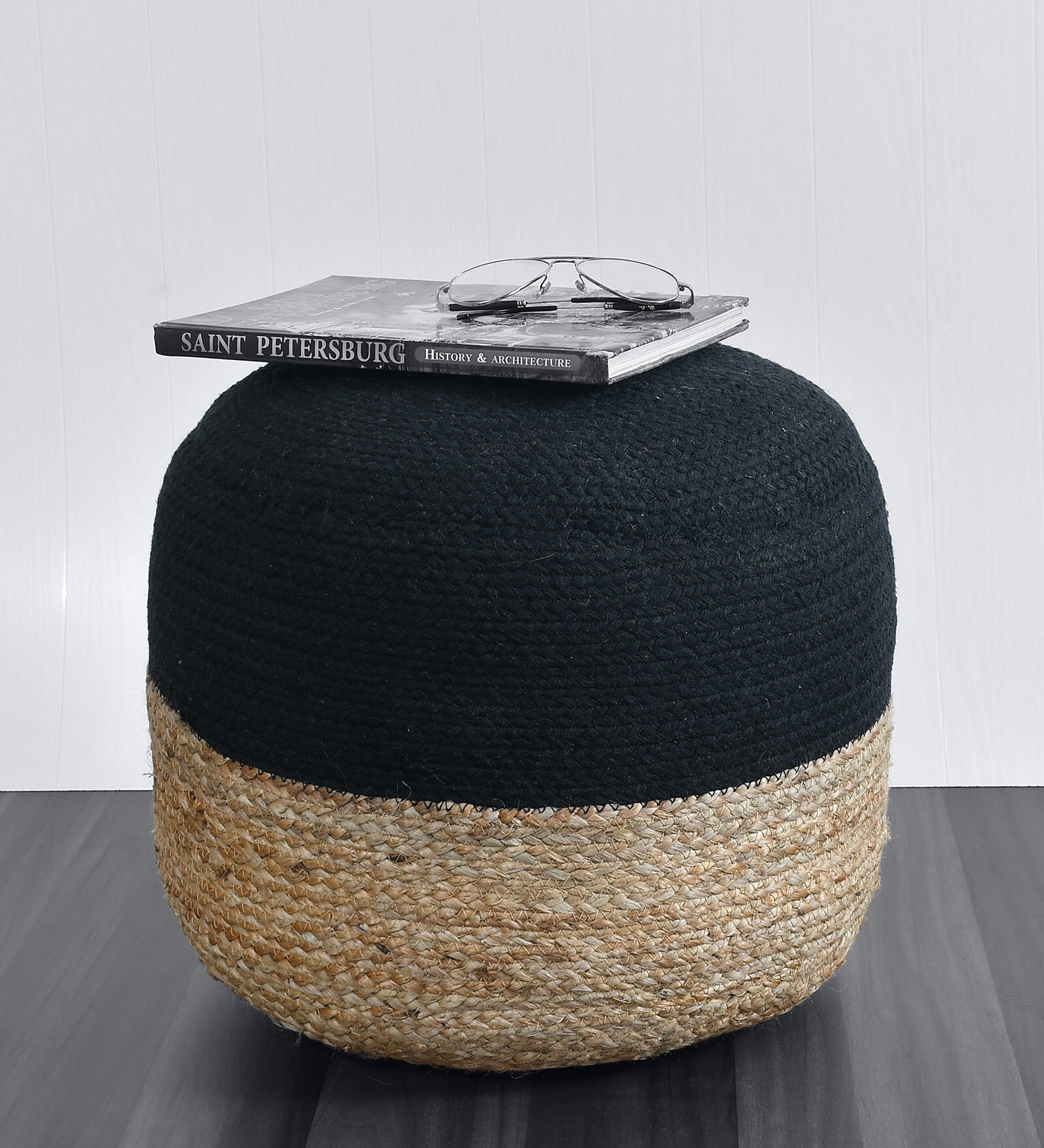 Buy Jute Braided Round Pouffe in Natural & Black Colour by Sheen Decor ...