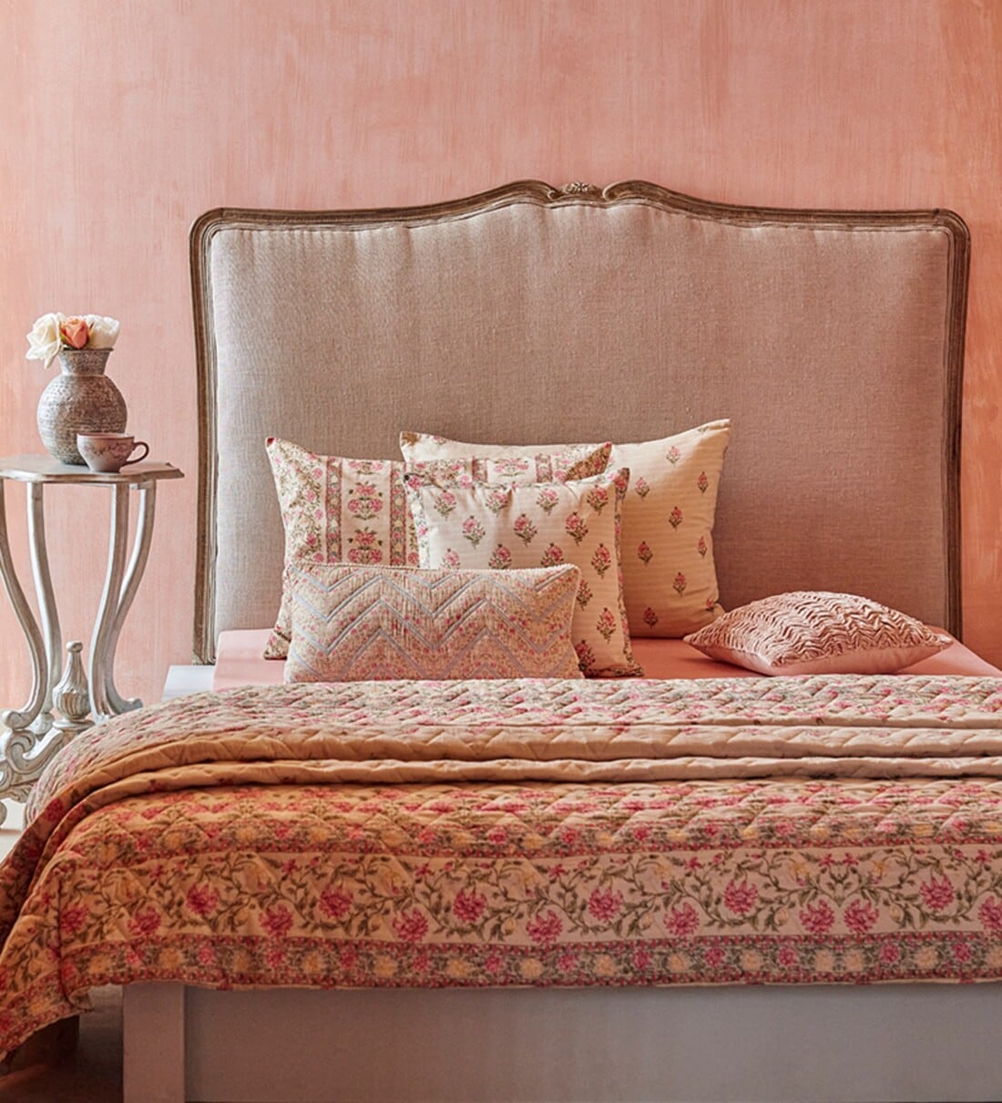 Buy Koshambi Pink & Beige Cotton Voile Double Quilt by Ritu Kumar Home ...