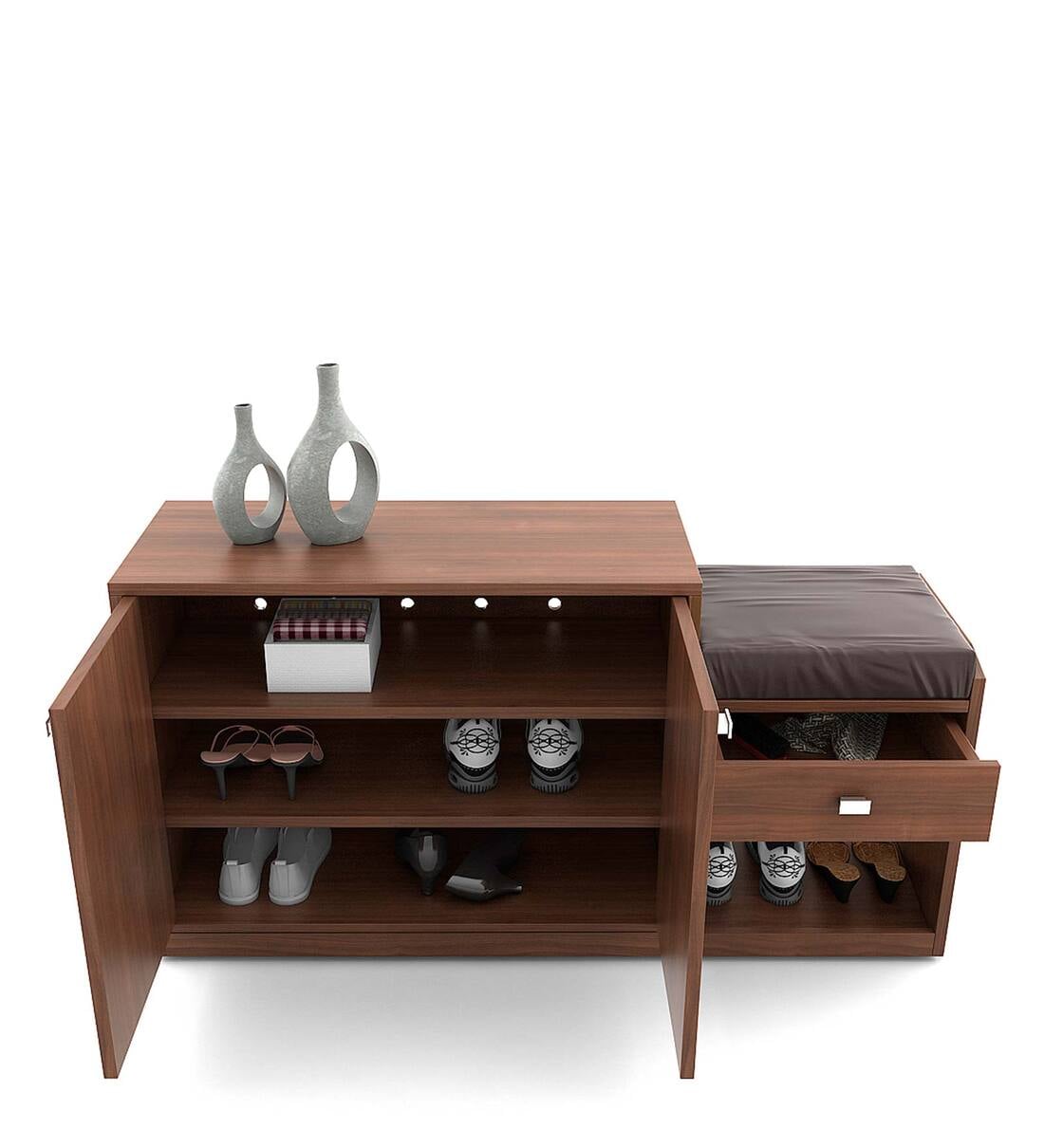 Buy Kosmo Shoe Rack with Seating in Walnut Rigato Melamine Finish ...