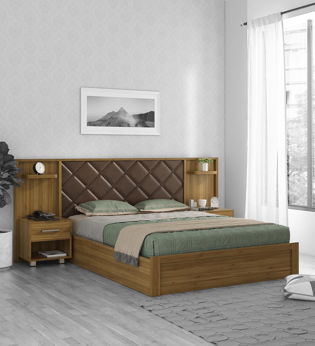 Buy Kosmo Ashton Queen Size Bed in Natural Teak Finish with Hydraulic ...