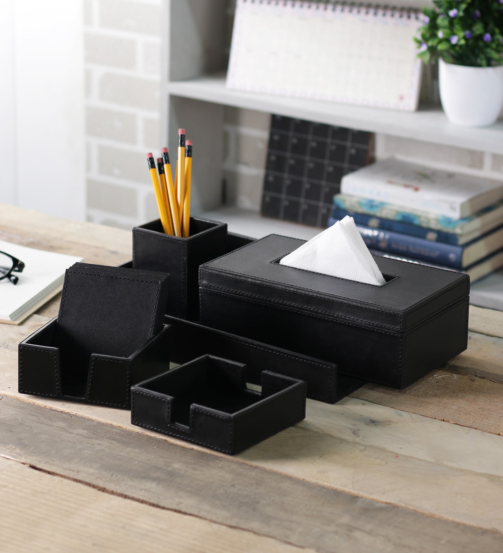 Buy Black PU Office Table Top Set by Kraftsmen Online - Pen Stands ...