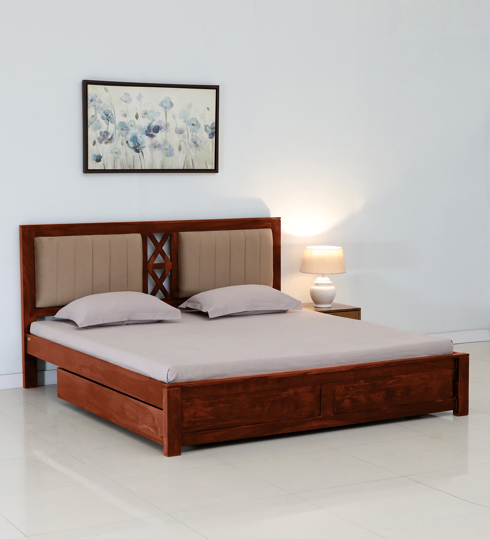 Buy Kryss Upholstered Sheesham Wood King Size Bed with Drawer Storage ...