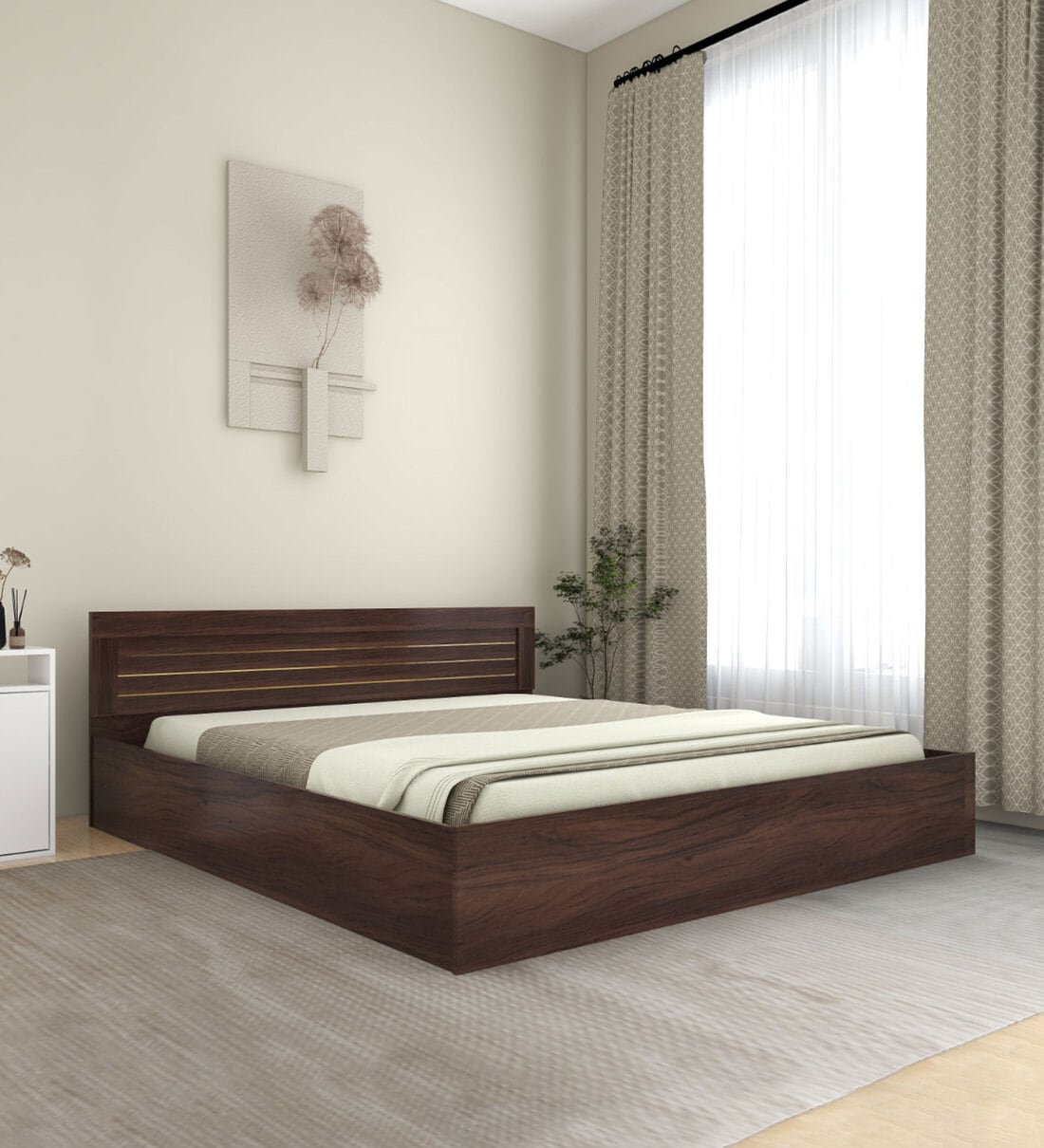 Buy Kuruma Queen Size Bed with Box Storage In Walnut Melamine Finish at ...