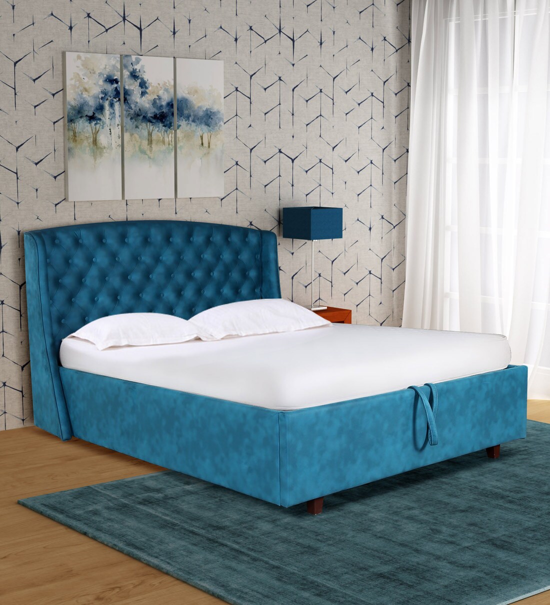 Buy Kyra Queen Size Upholstered Hydraulic Storage Bed In Victorian Teal ...
