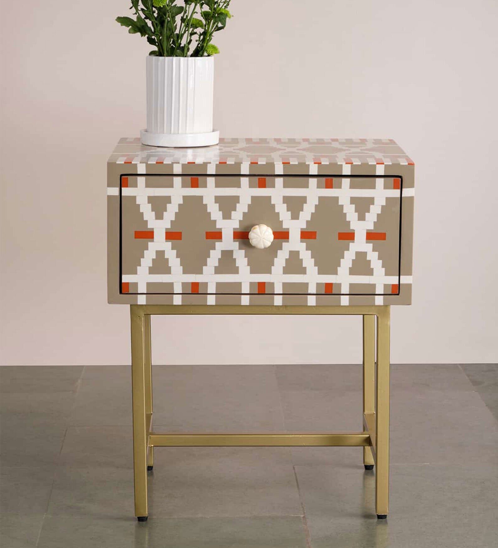 Buy Lattice Solid Wood & Inlay Bedside Table In Taupe Finish at 20% OFF ...