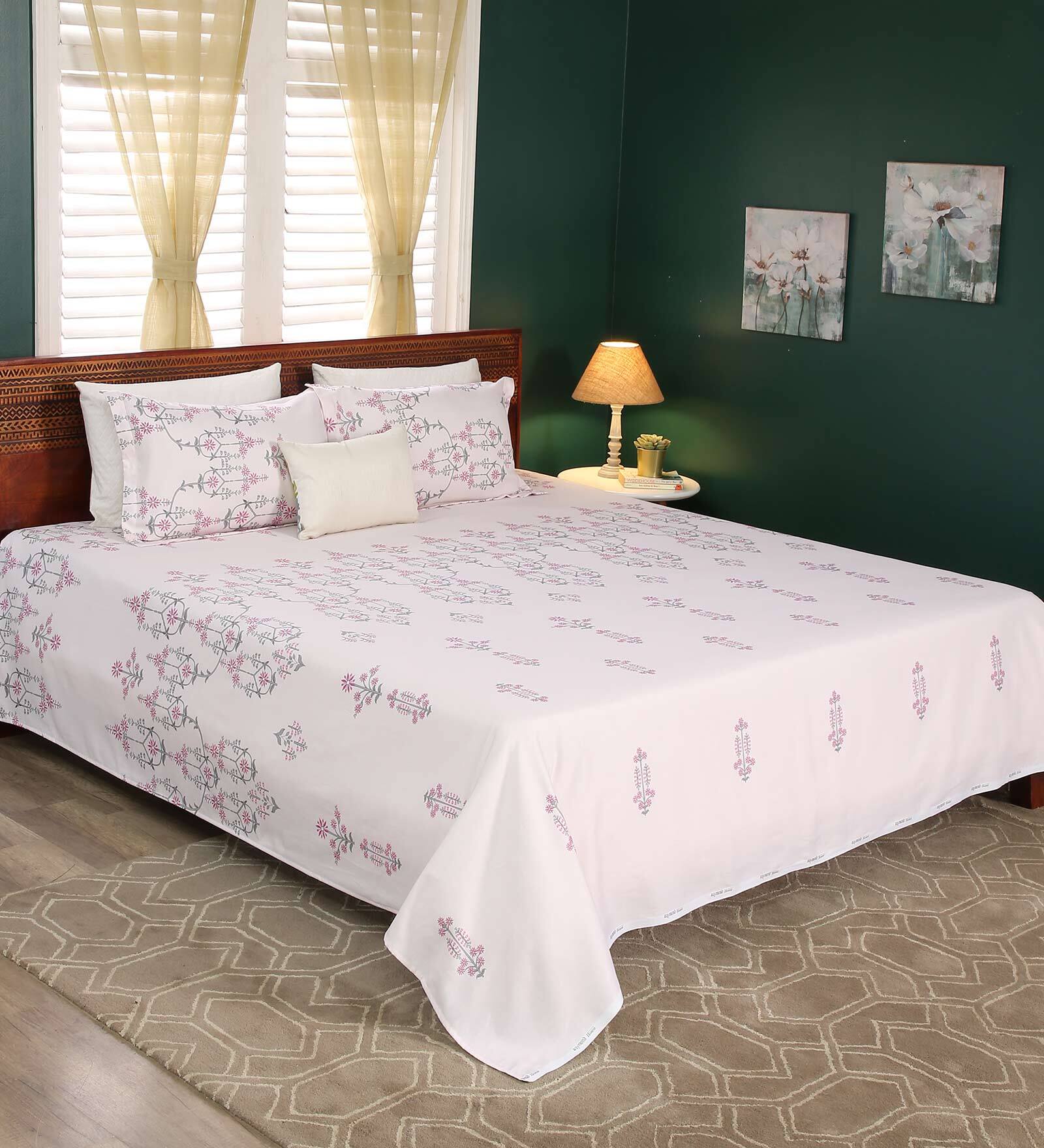 Buy Purple Floral 200 TC Cotton King Sized Bed Sheets with 2 Pillow ...